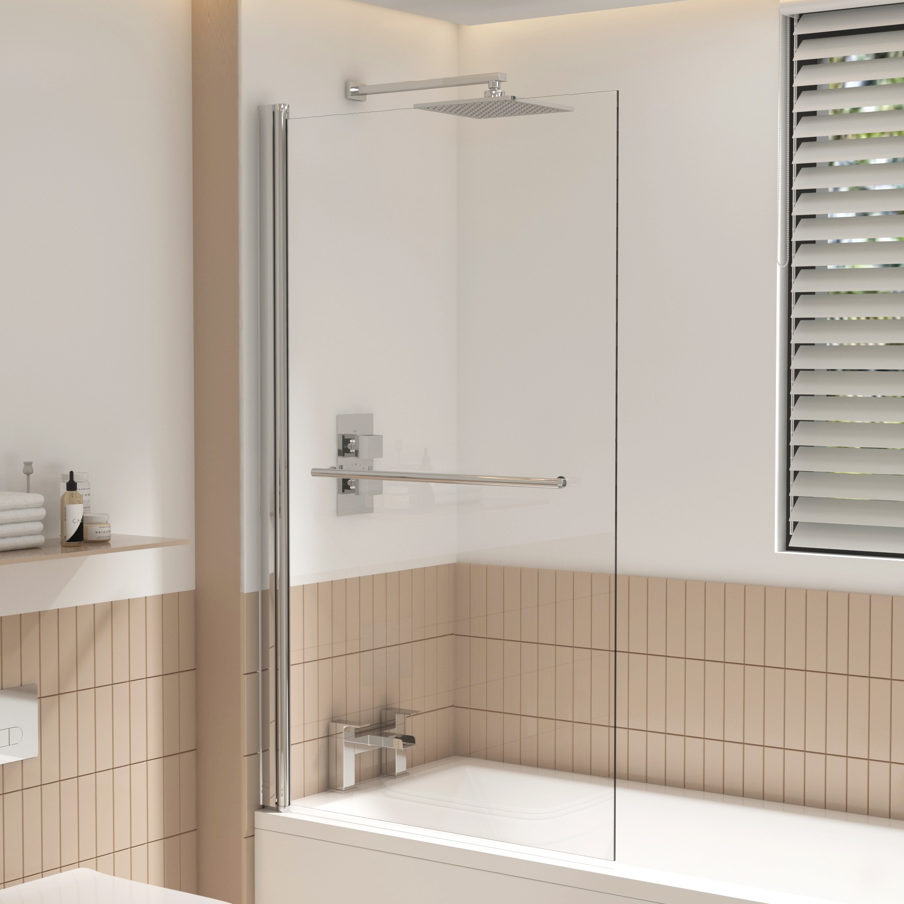 Elva Curved P-Shaped Brushed Brass Shower Bath Screen with Towel Rail ...