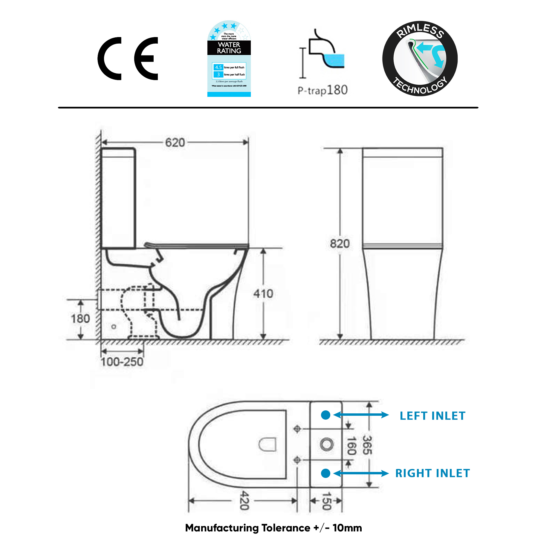Rimless Close Coupled Round Toilet and Soft close Seat, Cistern ...