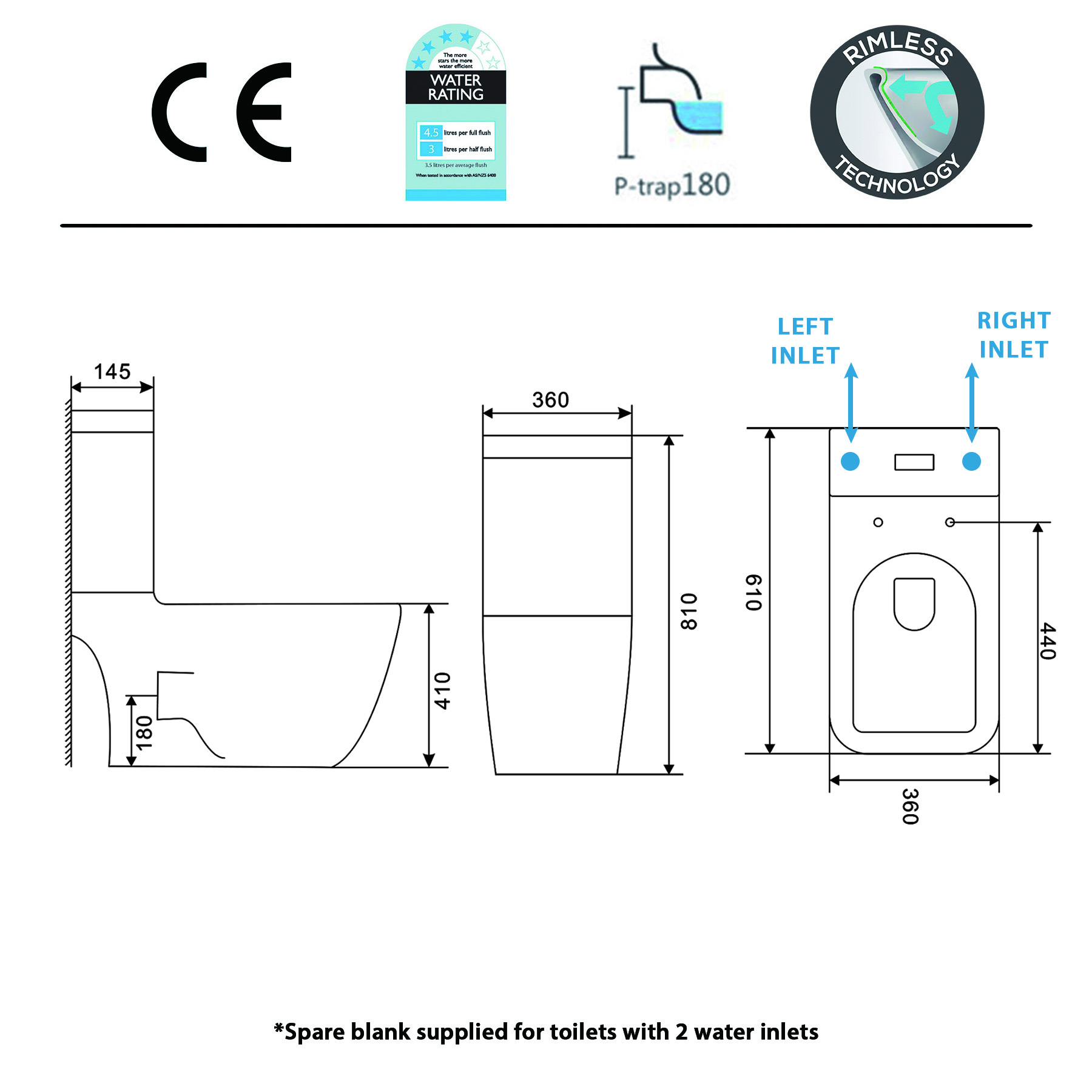 Rimless Close Coupled Square Toilet with Seat, Cistern & Fixing Kit ...