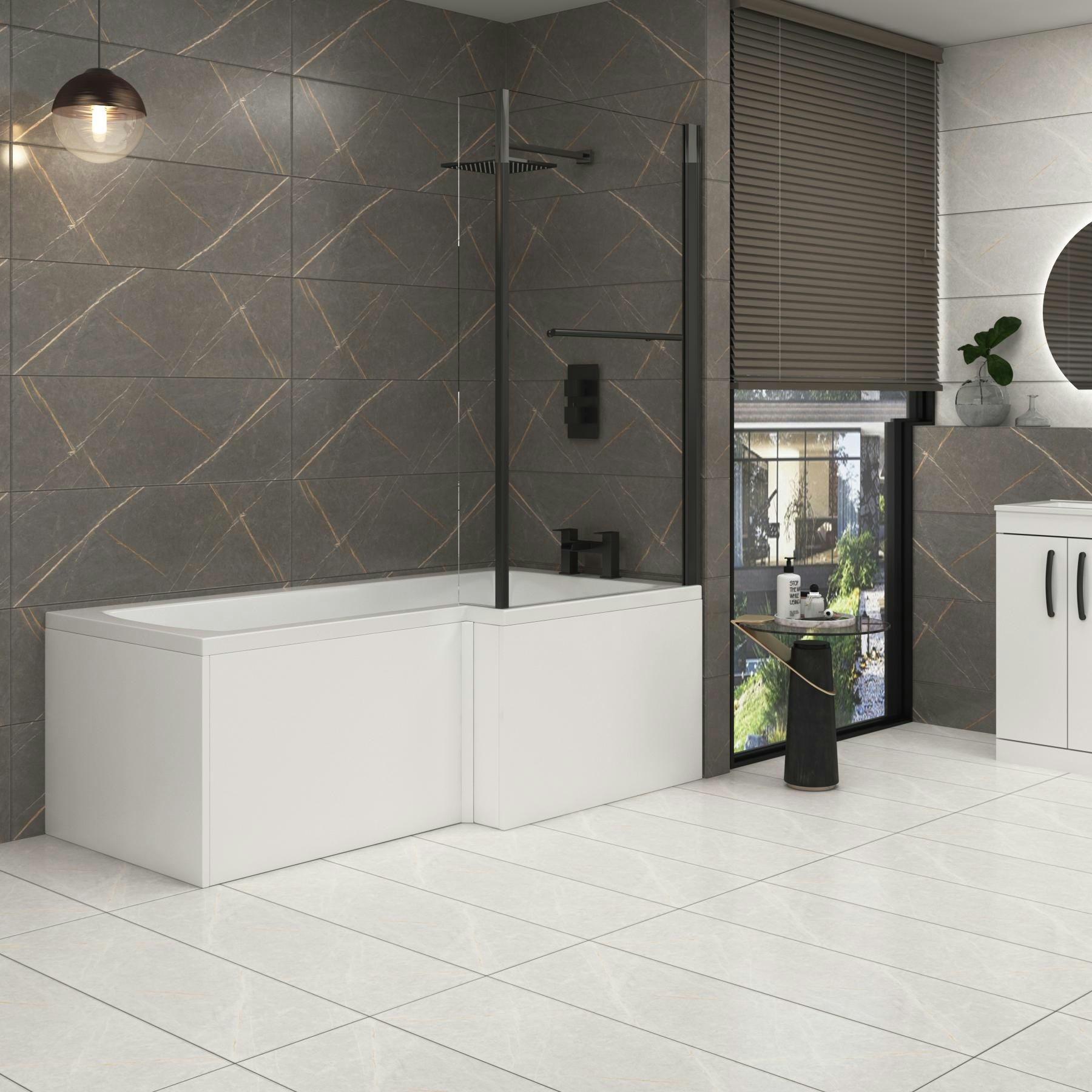 Modern Qubix L-Shaped Shower Bath tub with with Black Screen In Various ...