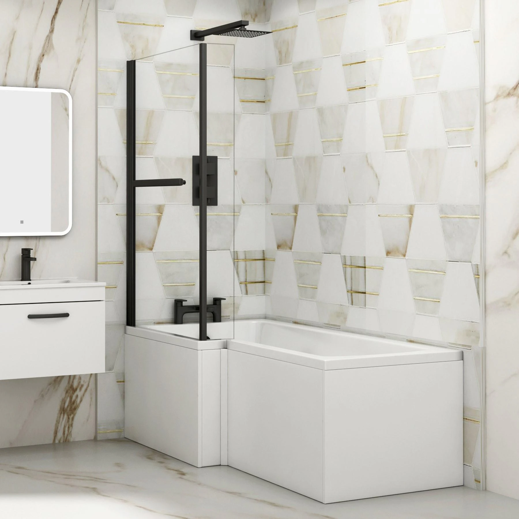 Qubix 1500 x 850mm Left Hand L Shaped Bathtub with Black Shower Screen ...