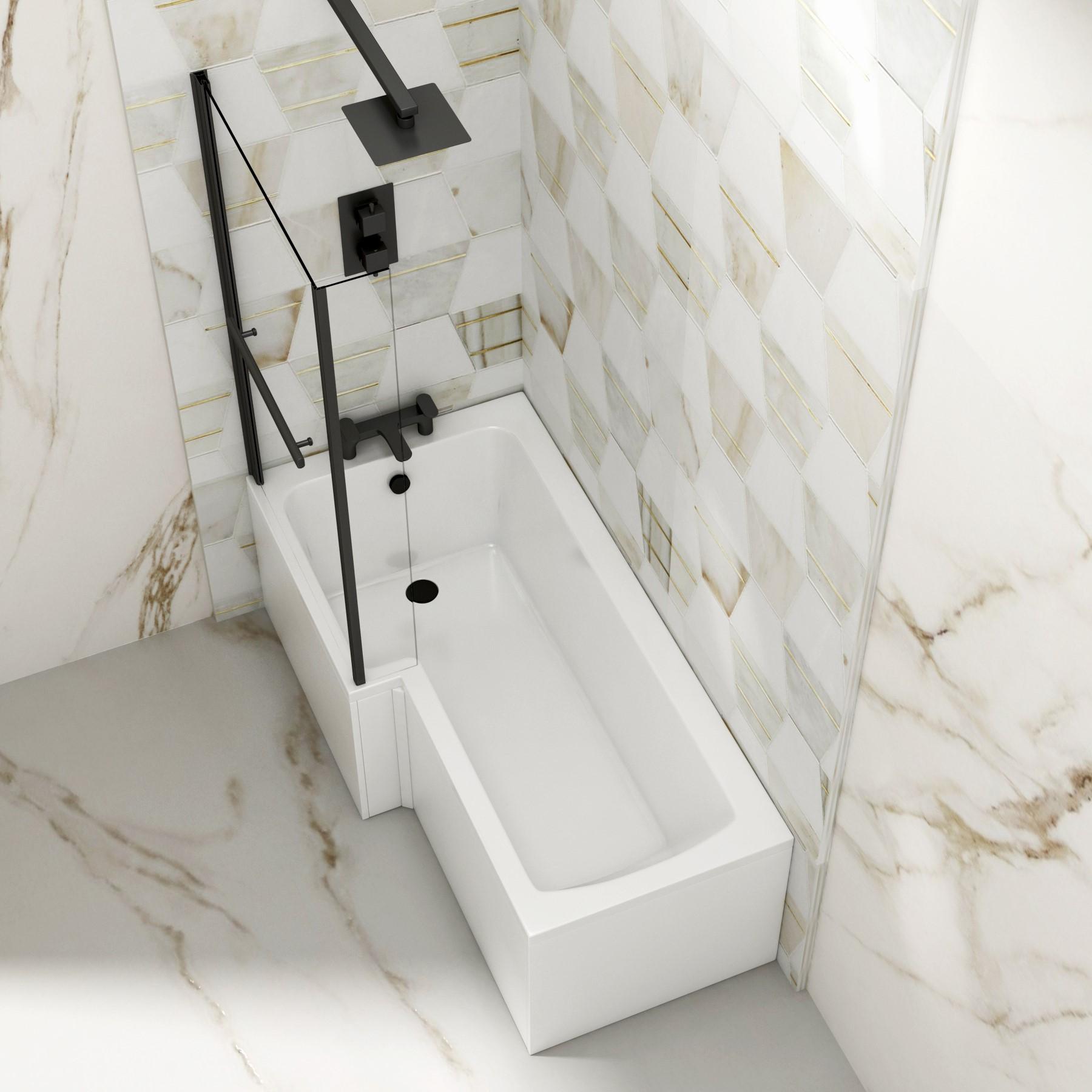 Modern Qubix L-Shaped Shower Bathtub with Black Screen & MDF Gloss ...