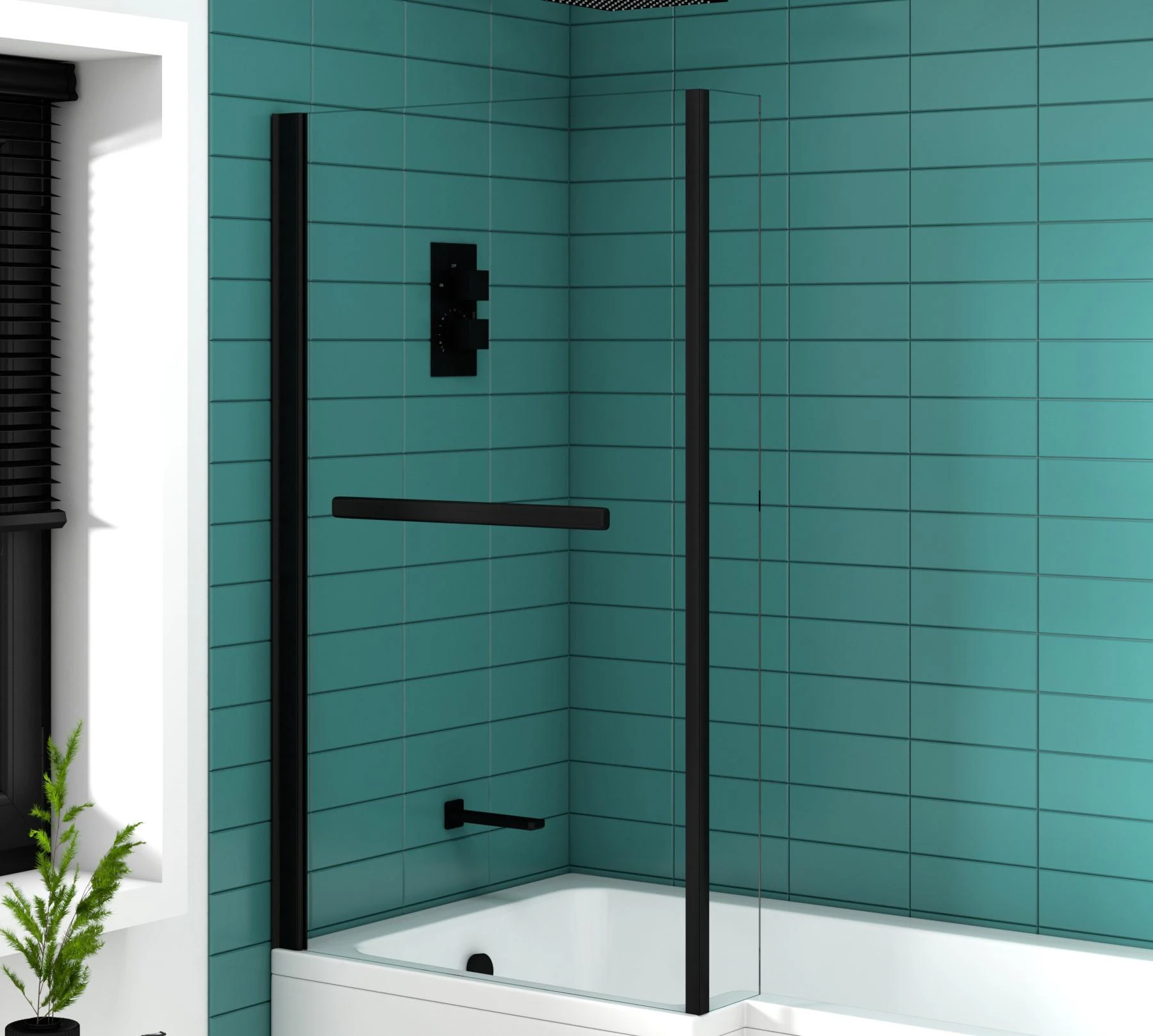 Qubix 1500 x 850mm Left Hand L Shaped Bathtub with Black Shower Screen ...