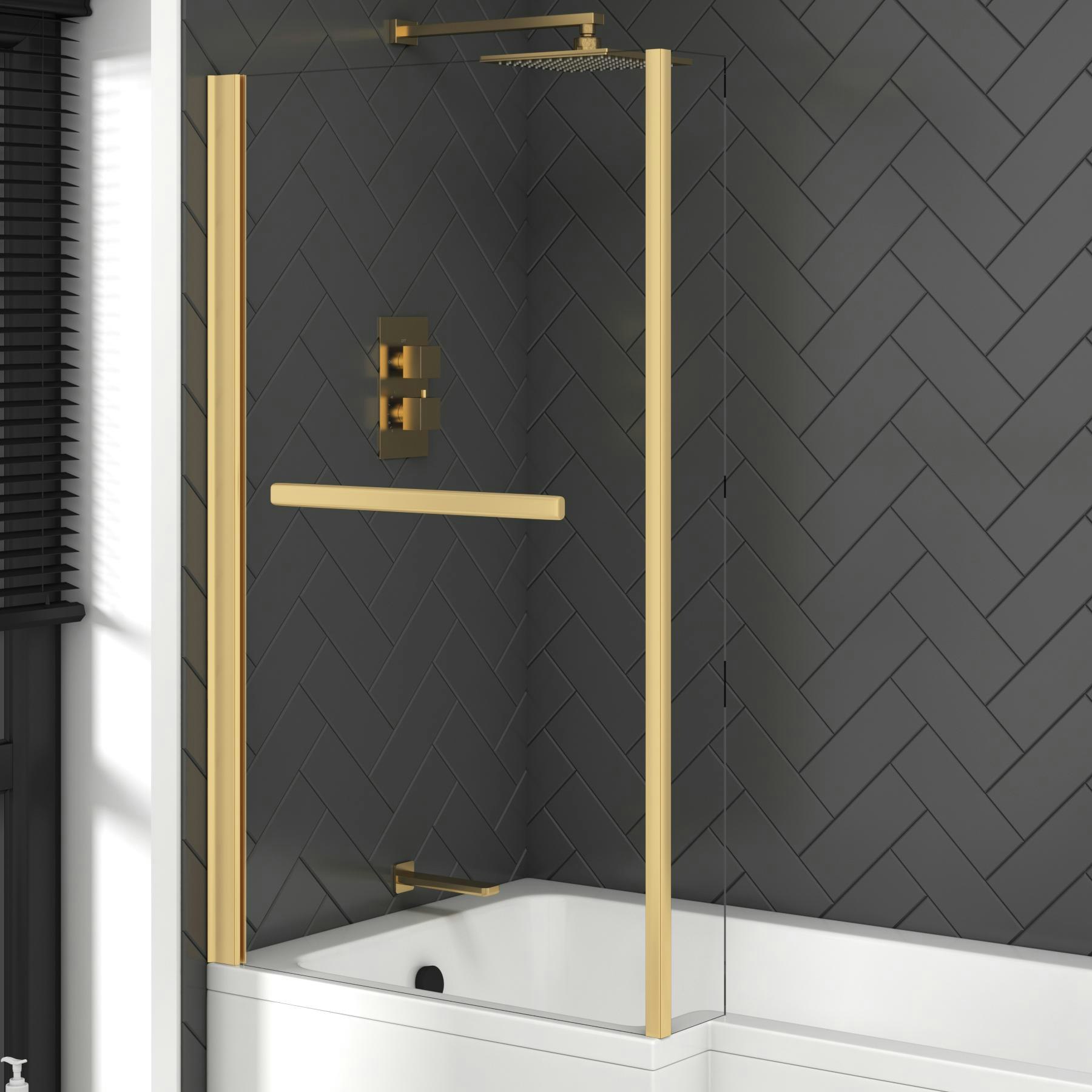 Modern Qubix L-Shaped Shower Bath tub with Brushed Brass Screen In ...
