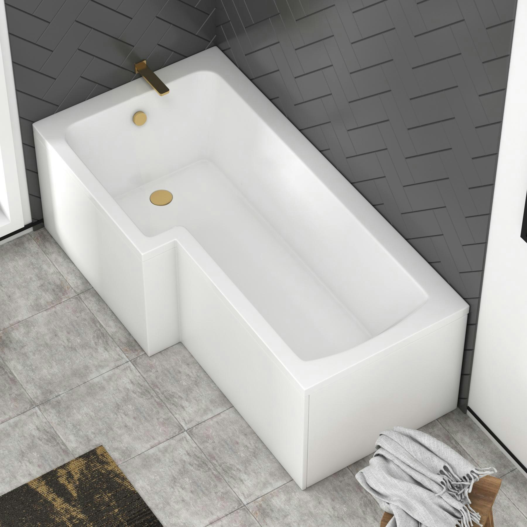 Modern Qubix L-Shaped Shower Bath tub with Brushed Brass Screen In ...