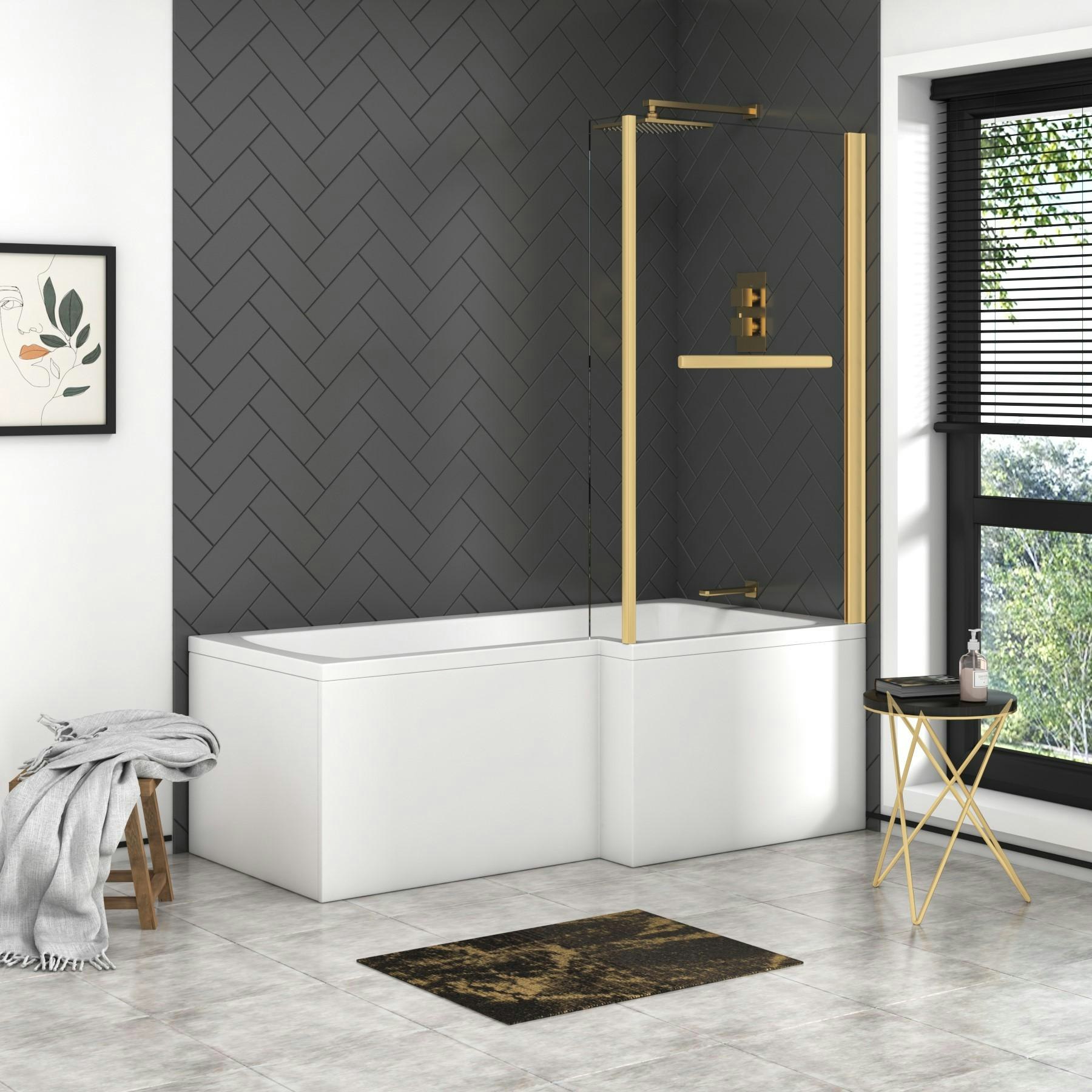 Modern Qubix L-Shaped Shower Bath tub with Brushed Brass Screen In ...