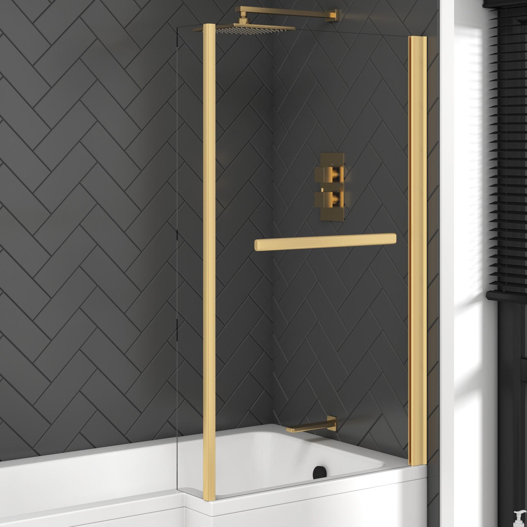 Modern Qubix L-Shaped Shower Bath tub with Brushed Brass Screen In ...