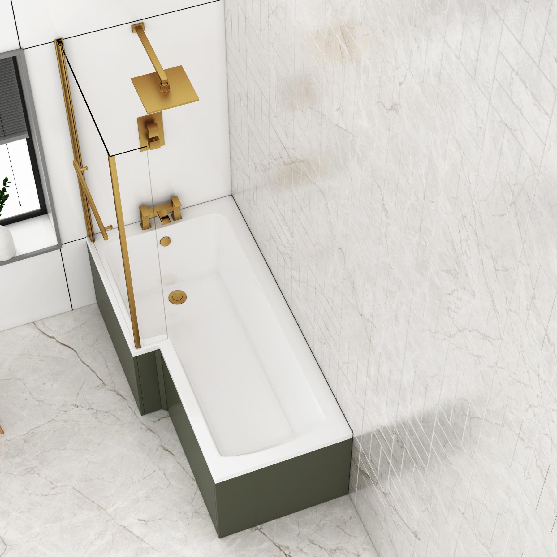 Modern Qubix L-Shaped Shower Bathtub with Brushed Brass Screen & MDF ...