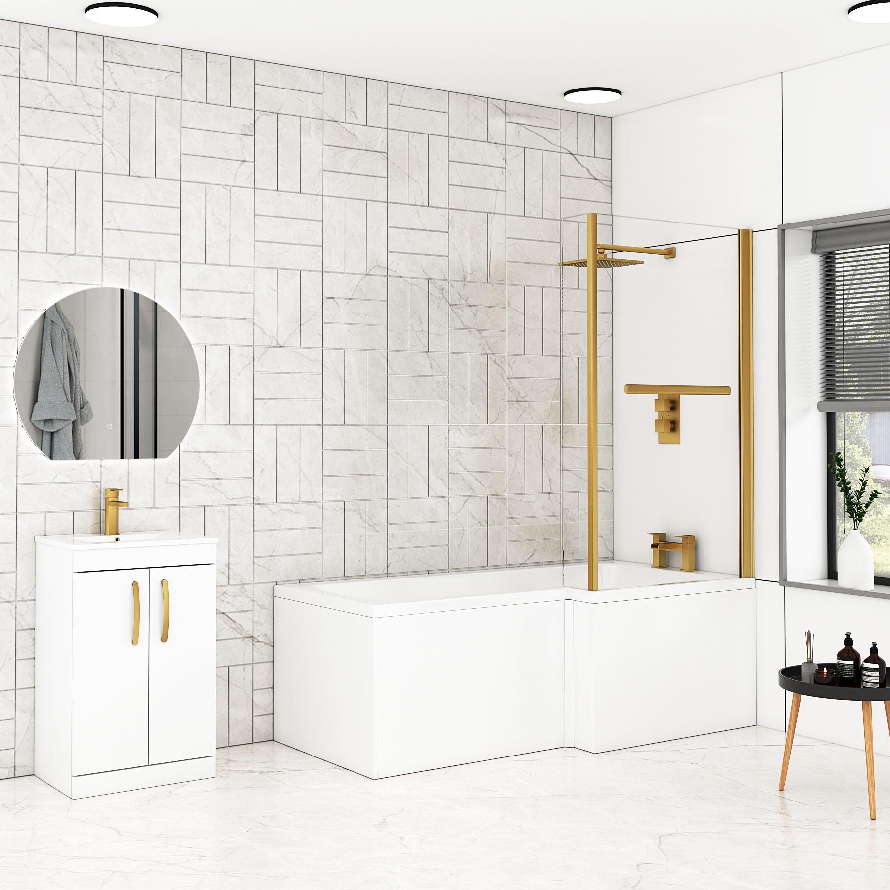 Modern Qubix L-Shaped Shower Bathtub with Brushed Brass Screen & MDF ...