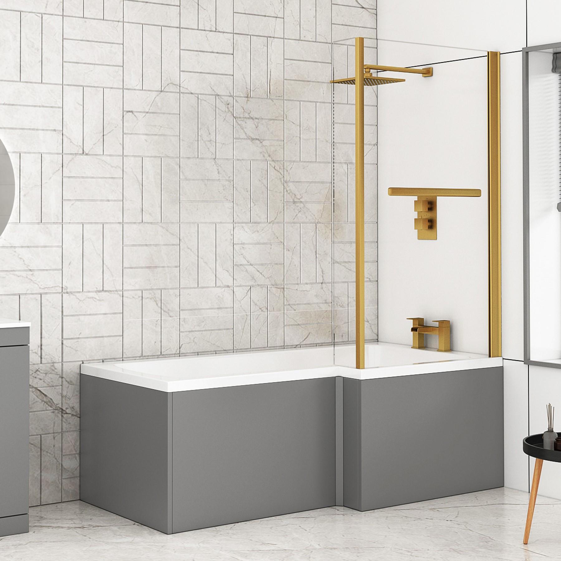 Qubix 1500 x 850mm Right Hand L Shaped Bathtub with Brushed Brass ...