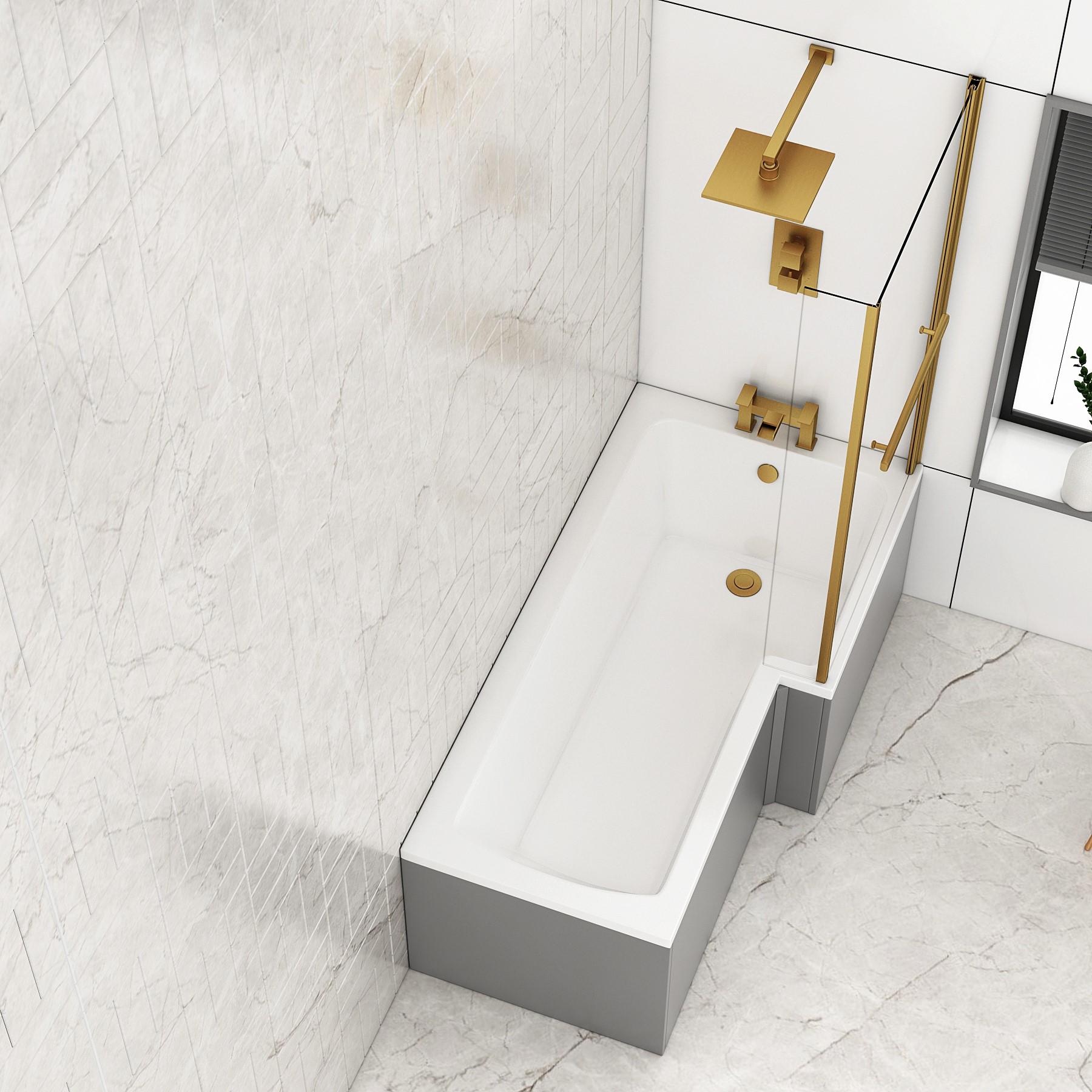 Modern Qubix L-Shaped Shower Bathtub with Brushed Brass Screen & MDF ...