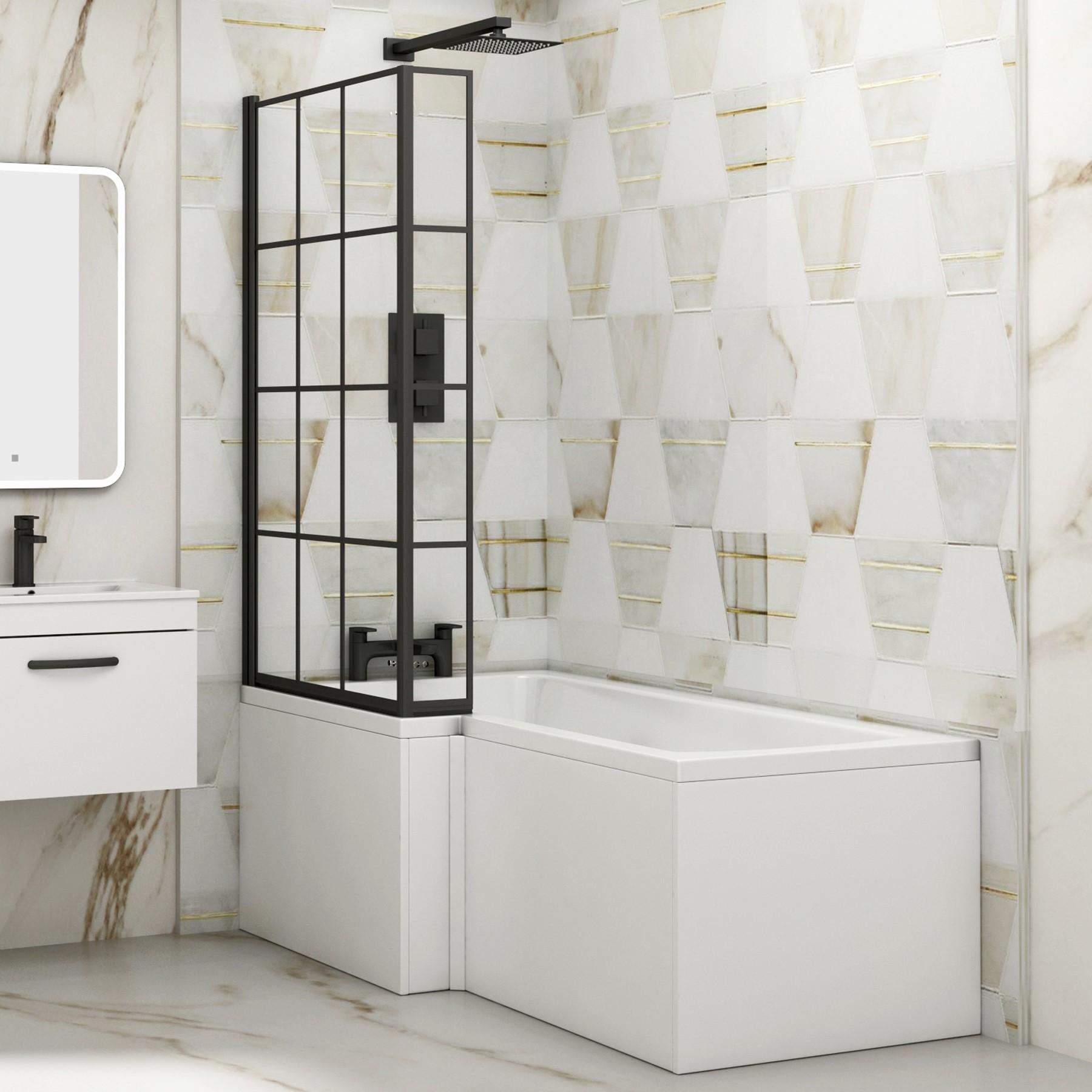 Qubix 1600 x 850mm Left Hand L Shaped Bathtub with Black Framed Screen ...