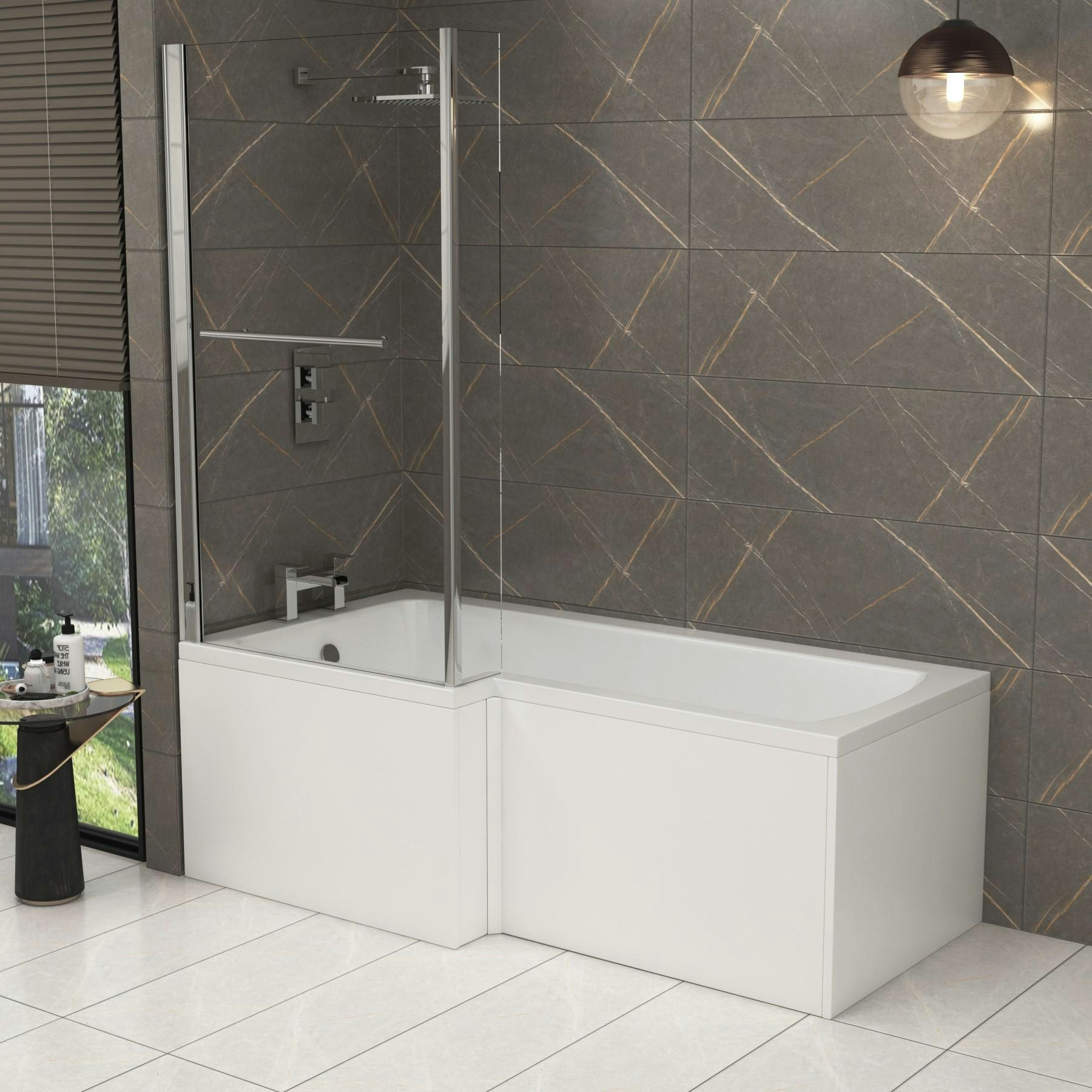 Modern Qubix 1500 x 850mm Left Hand L Shaped Shower Bath tub with Fixed ...