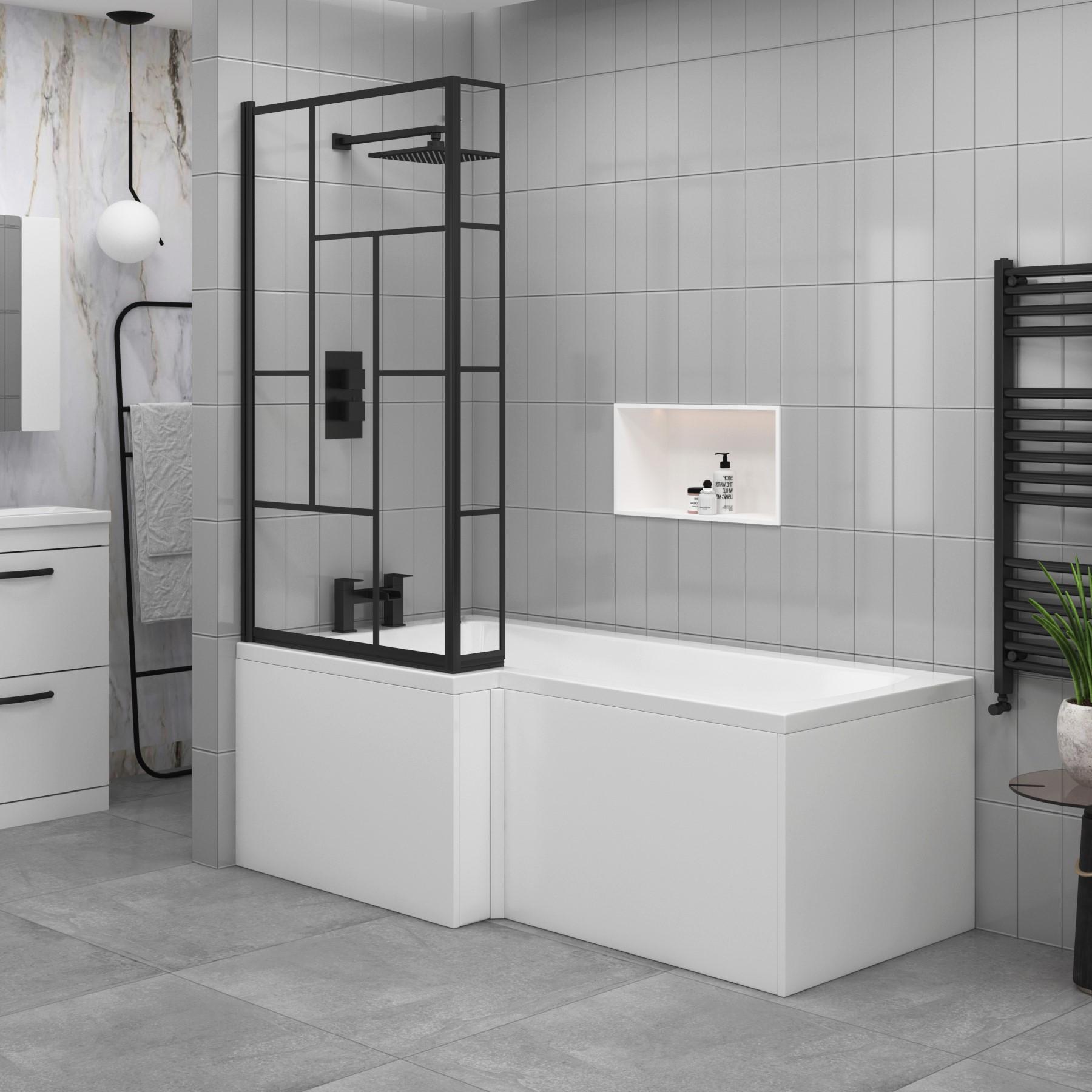 Qubix L-Shaped Shower Bath tub with Abstract Grid Black Framed Screen ...