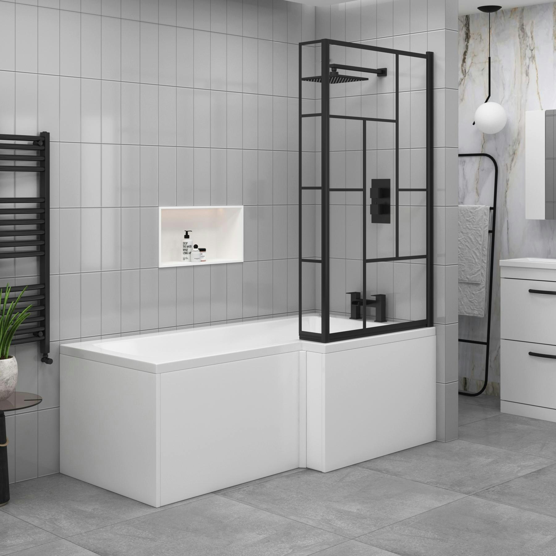 Qubix L-Shaped Shower Bath tub with Abstract Grid Black Framed Screen ...