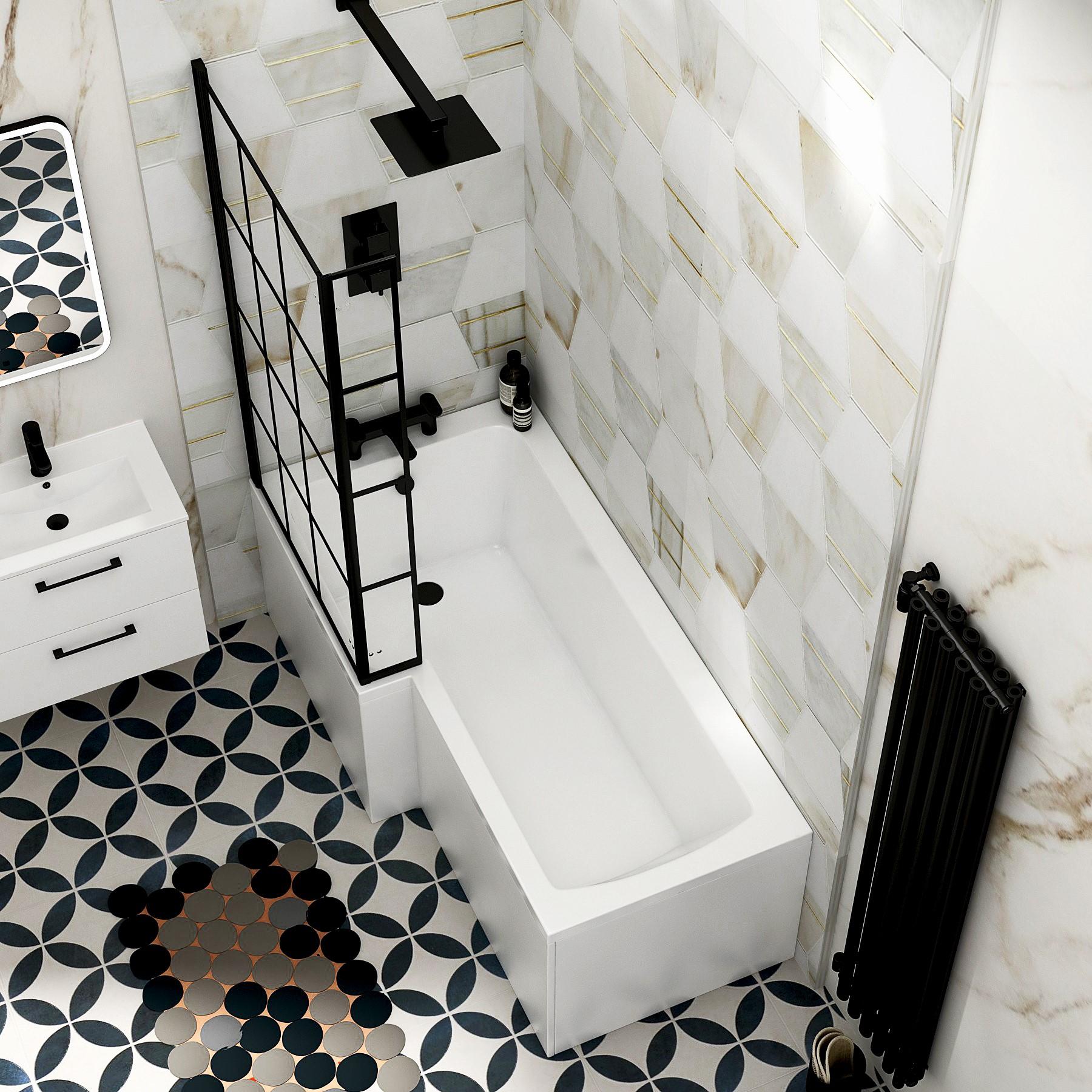 Qubix 1500/1600/1700mm Left Hand L-Shaped Shower Bath tub with Black ...