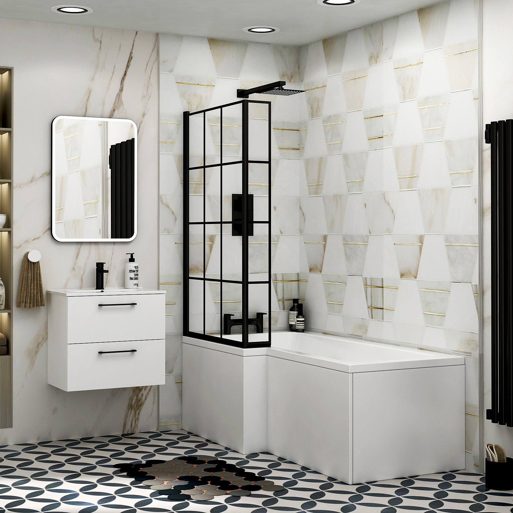 Qubix 1500/1600/1700mm Left Hand L-Shaped Shower Bath tub with Black ...