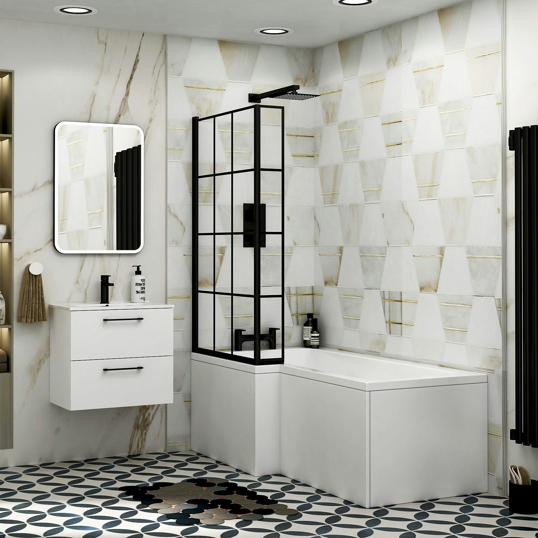 Qubix L-Shaped Shower Bath tub with Grid Black Framed Screen In ...