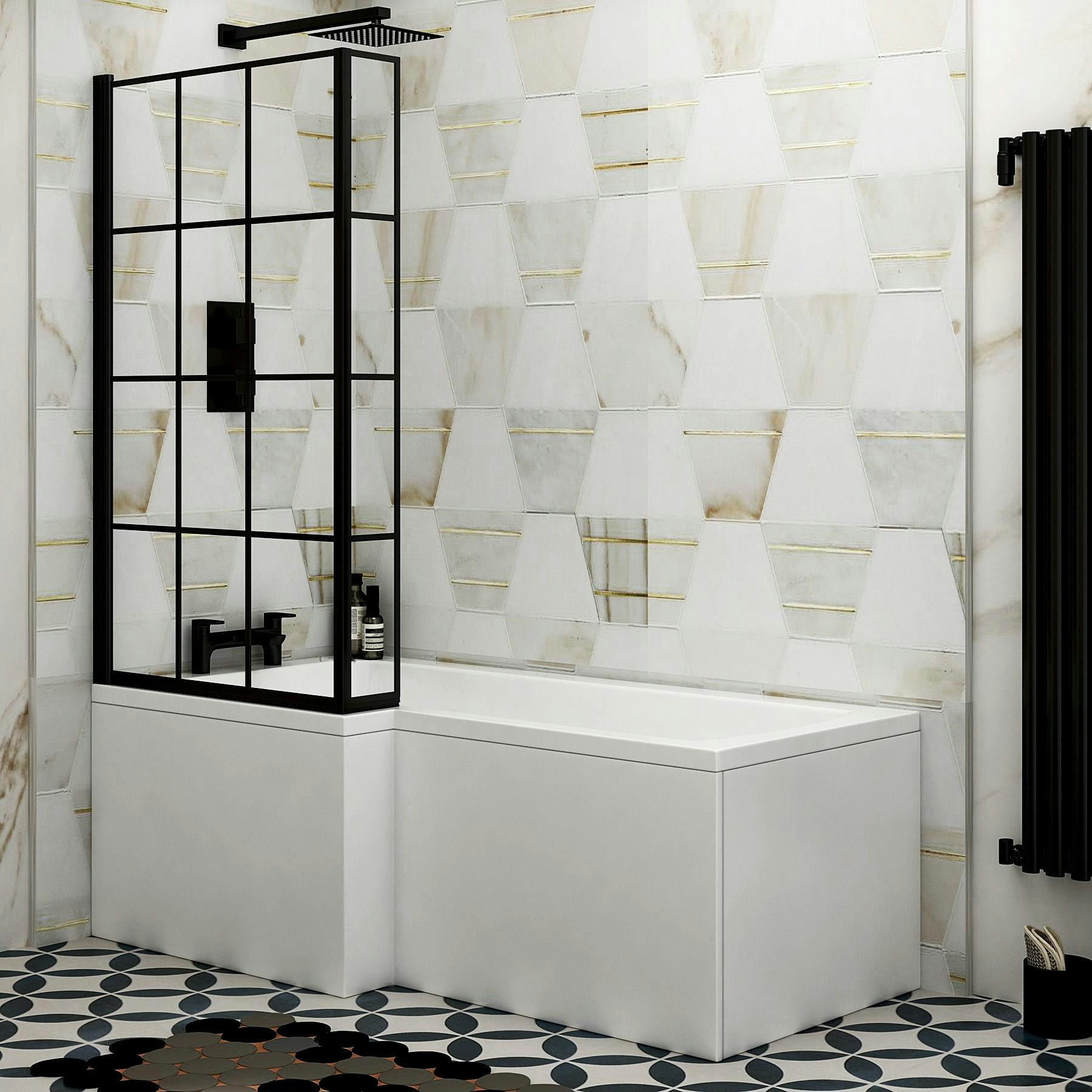 Qubix L-Shaped Shower Bath tub with Grid Black Framed Screen In ...