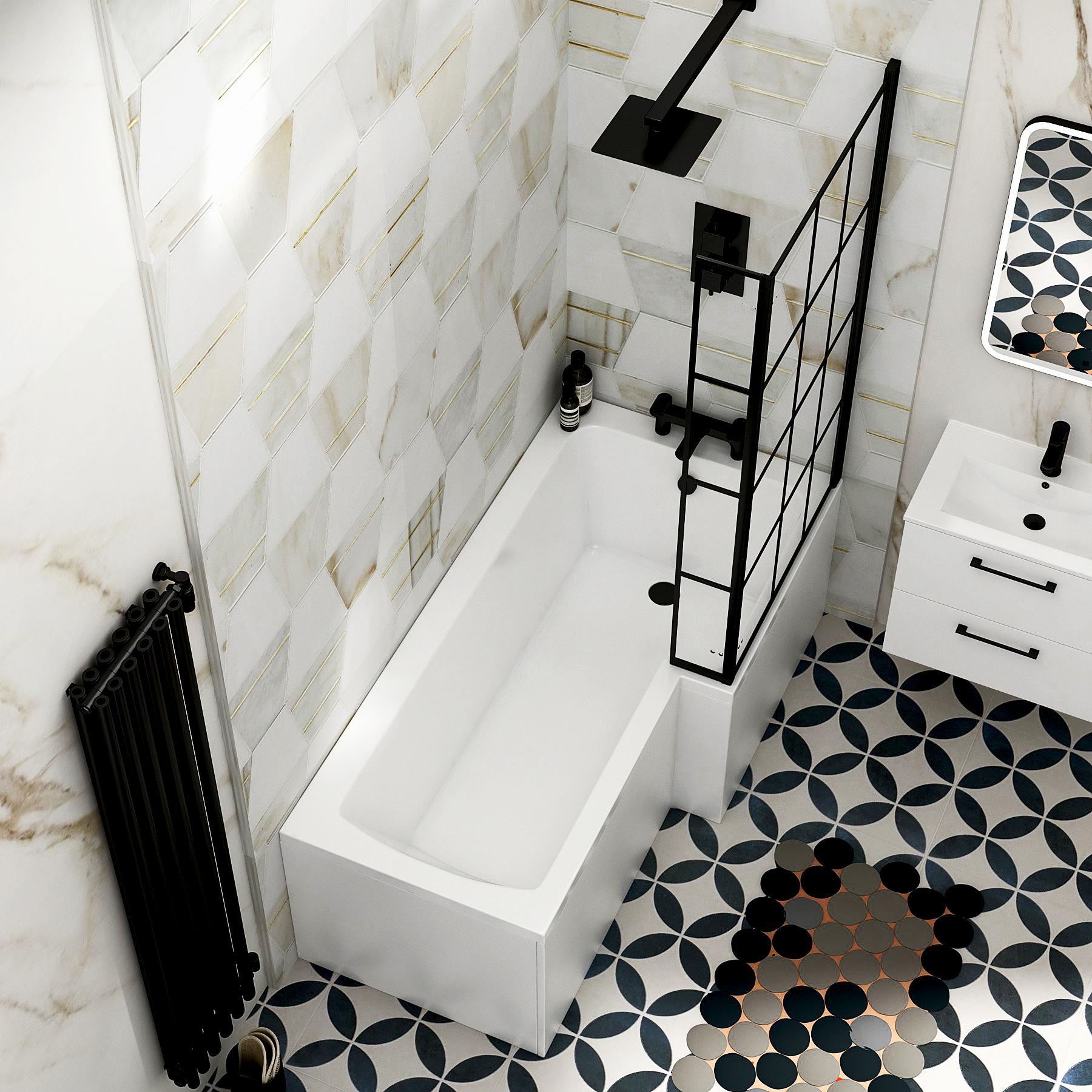 Qubix L-Shaped Shower Bath tub with Grid Black Framed Screen In ...