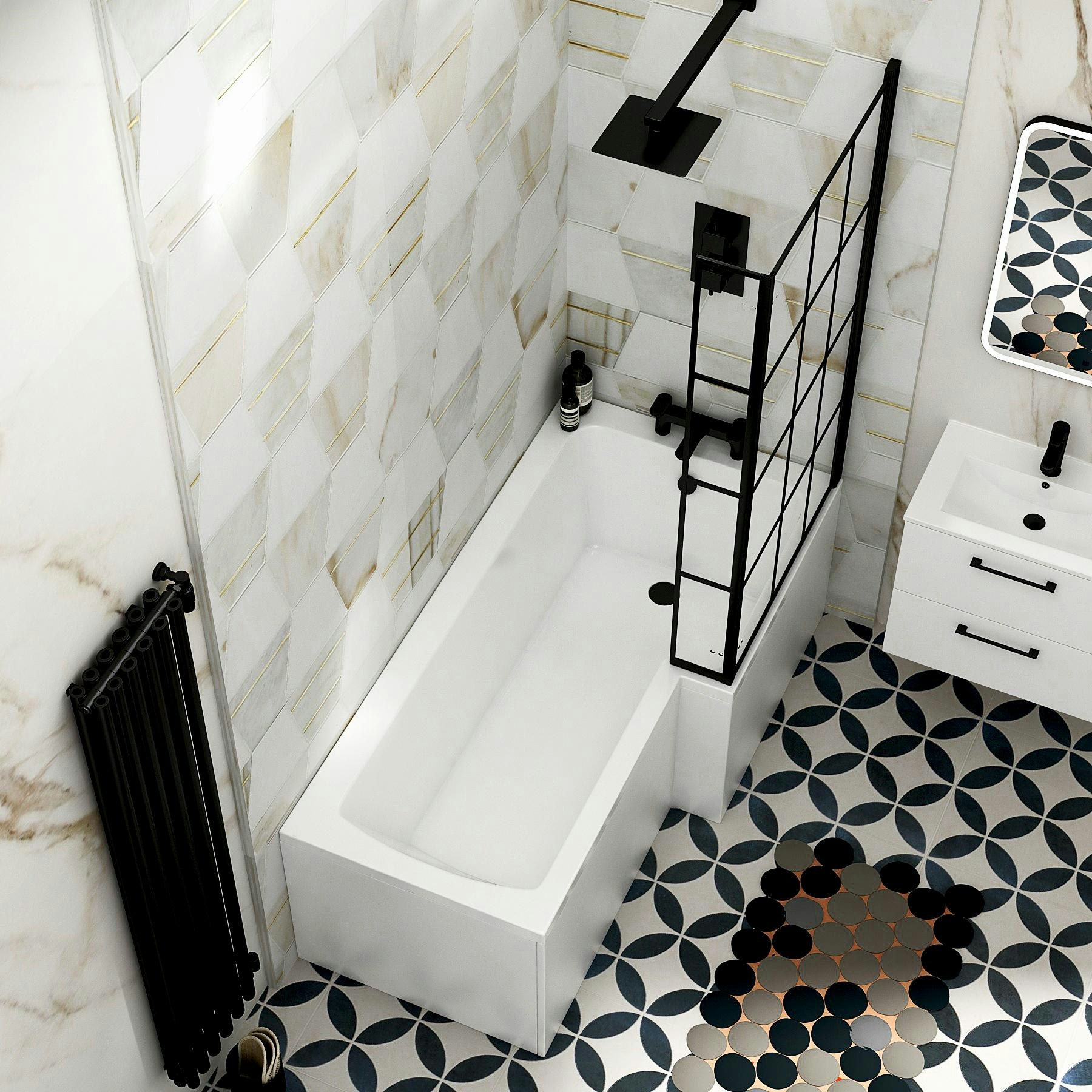 Qubix L-Shaped Shower Bath tub with Grid Black Framed Screen In ...