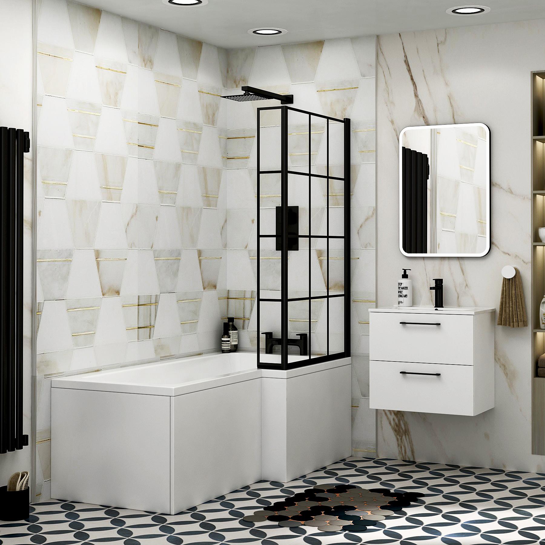 Qubix L-Shaped Shower Bath tub with Grid Black Framed Screen In ...