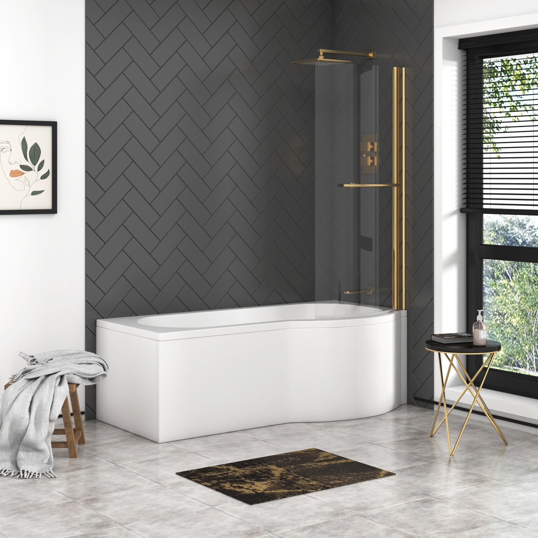 Elva 1500 x 850mm Right Hand Curved P-Shaped Shower Bath tub with Front ...