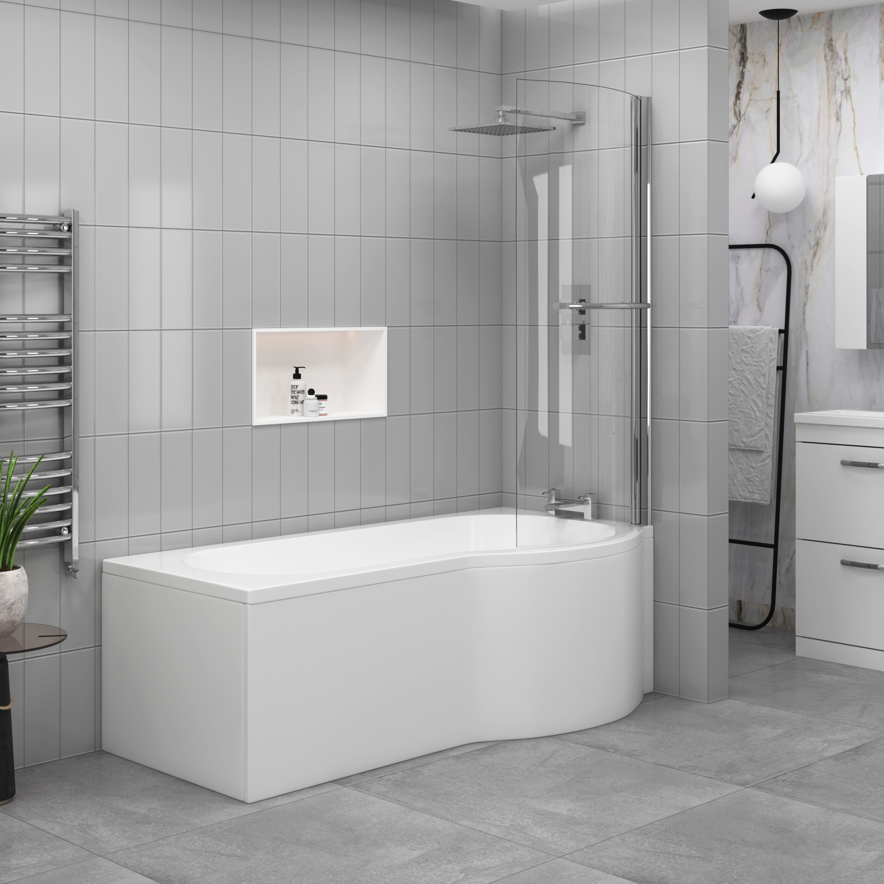 1500/1600/1700mm Curved P-Shaped Bath tub with Front Panel & Shower ...