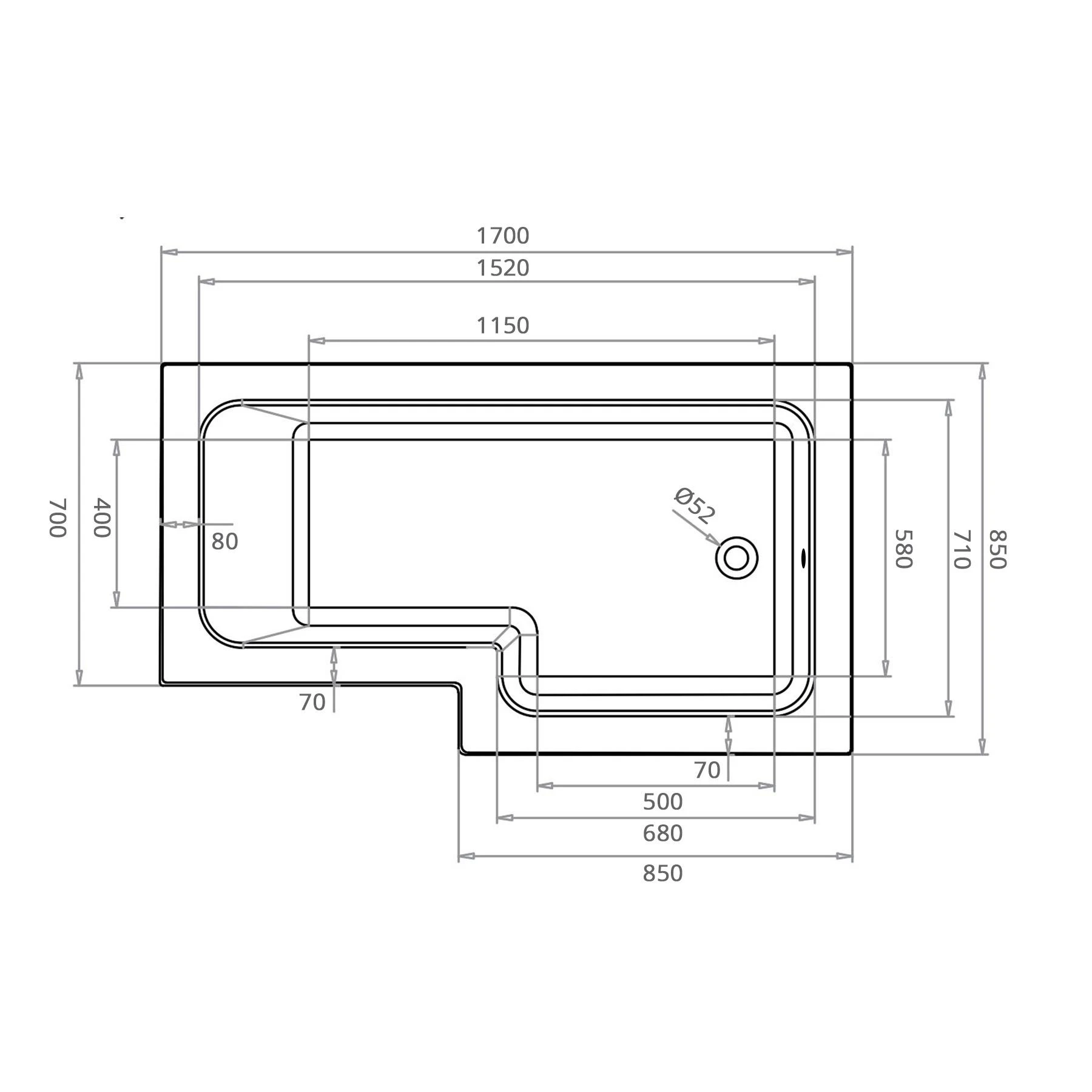 Modern Qubix 1700 x 850mm Left Hand L Shaped Shower Bath tub with Fixed ...