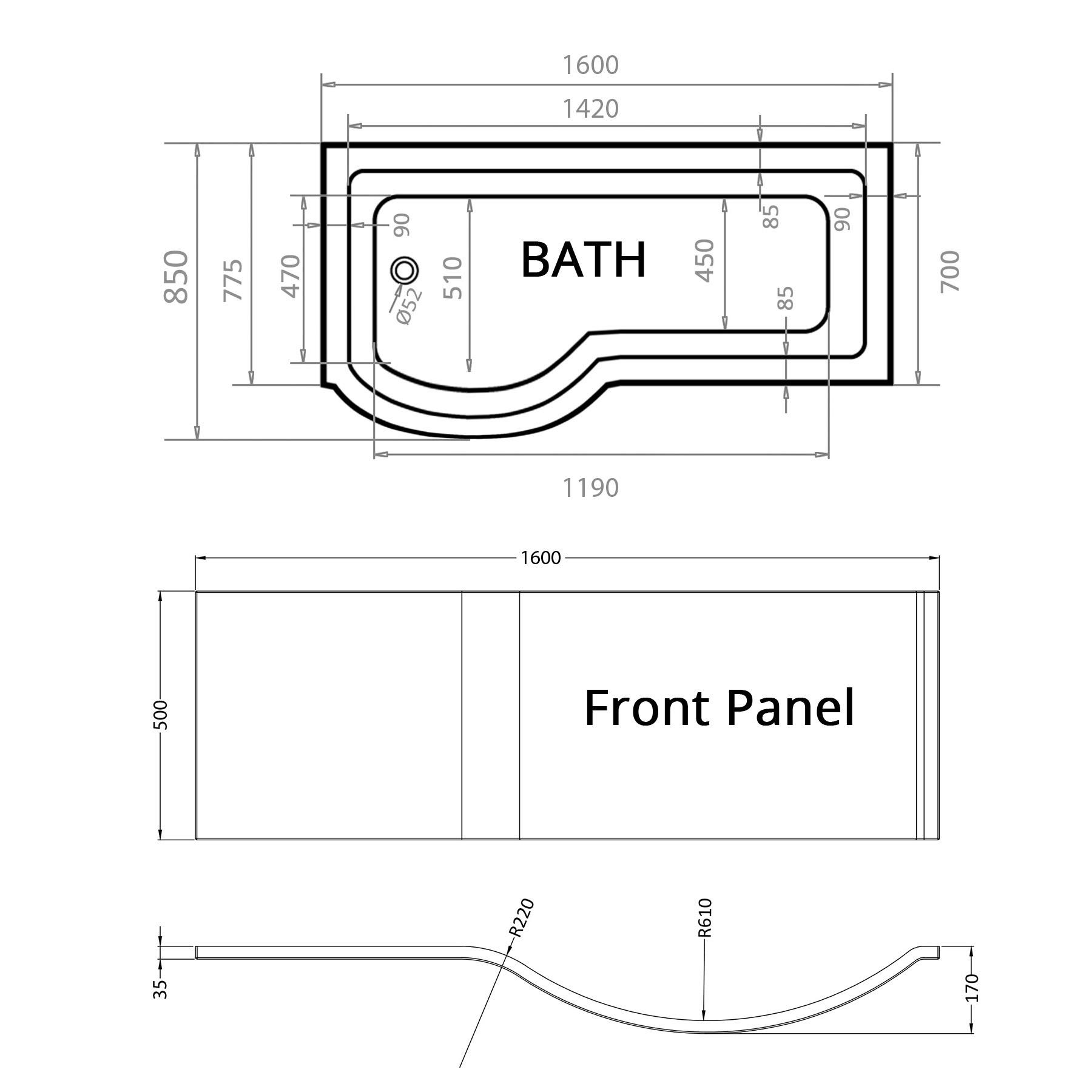 Elva 1600 x 850mm Left Hand Curved P-Shaped Shower Bath tub with Front ...