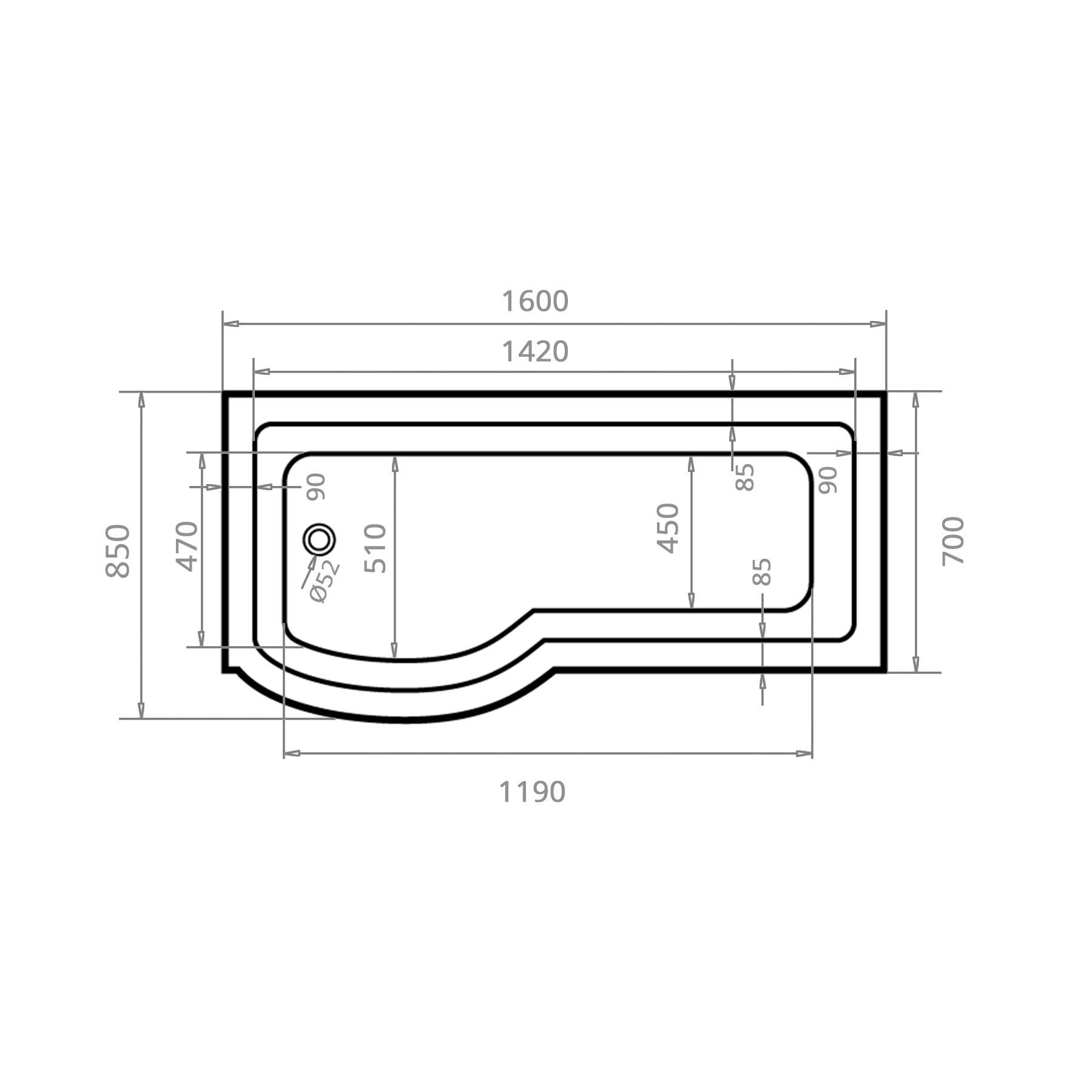 Elva 1600 x 850mm Right Hand Curved P-Shaped Bath tub & Shower Screen ...