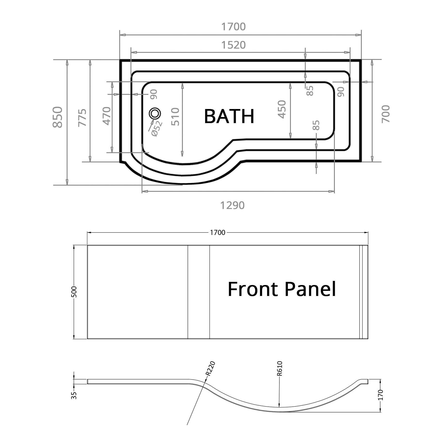 Elva 1700 x 850mm Right Hand Curved P-Shaped Shower Bath tub with Front ...