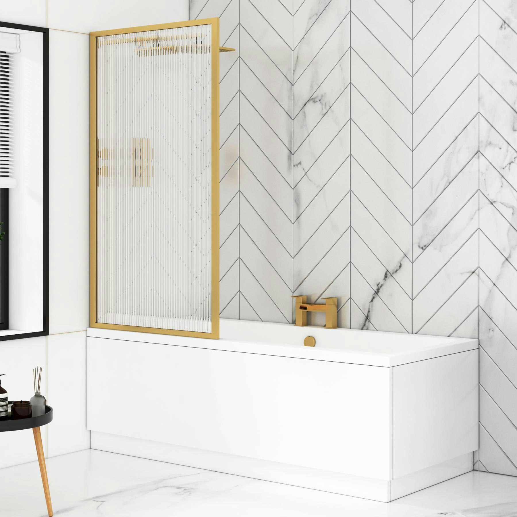 Modern 1400mm Straight Shower Bath Fixed Fluted Screen with Brushed ...