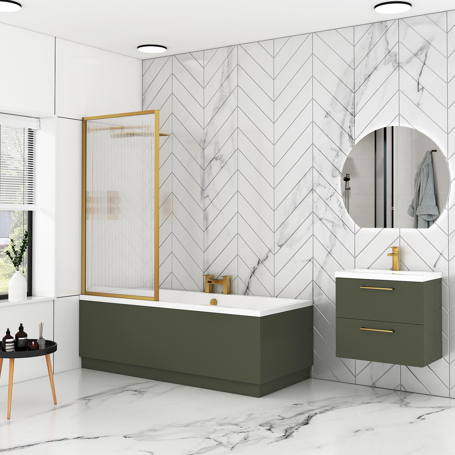 Amaze Square Double-Ended Acrylic Bath Tub with Fluted Screen & MDF Satin Green Panel | Royal ...