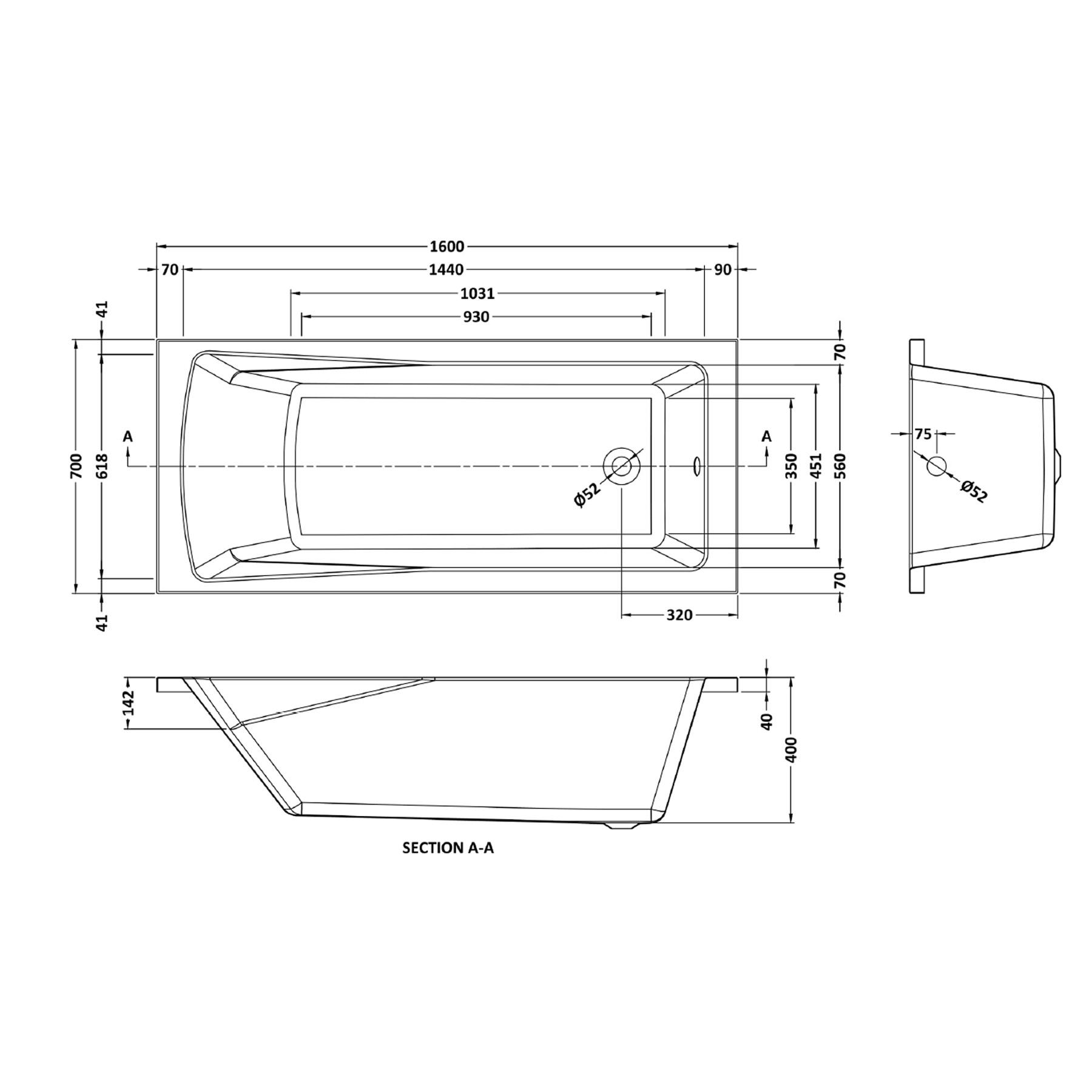 Cesar Acrylic Square Single Ended Shower Bath 1600 x 700mm Inc Shower ...