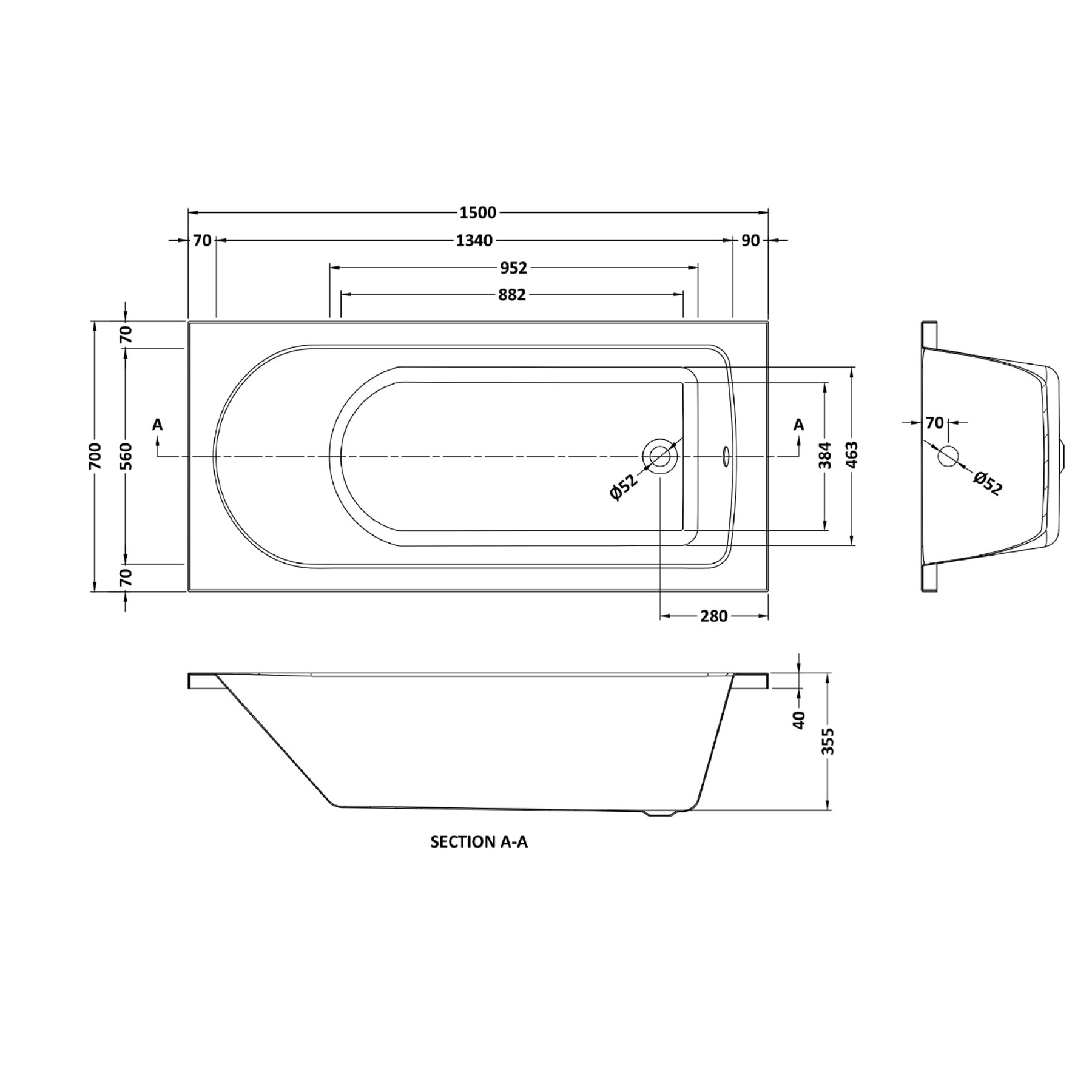 Breeze Acrylic Round Single Ended Shower Bath 1500 x 700mm Inc Shower ...