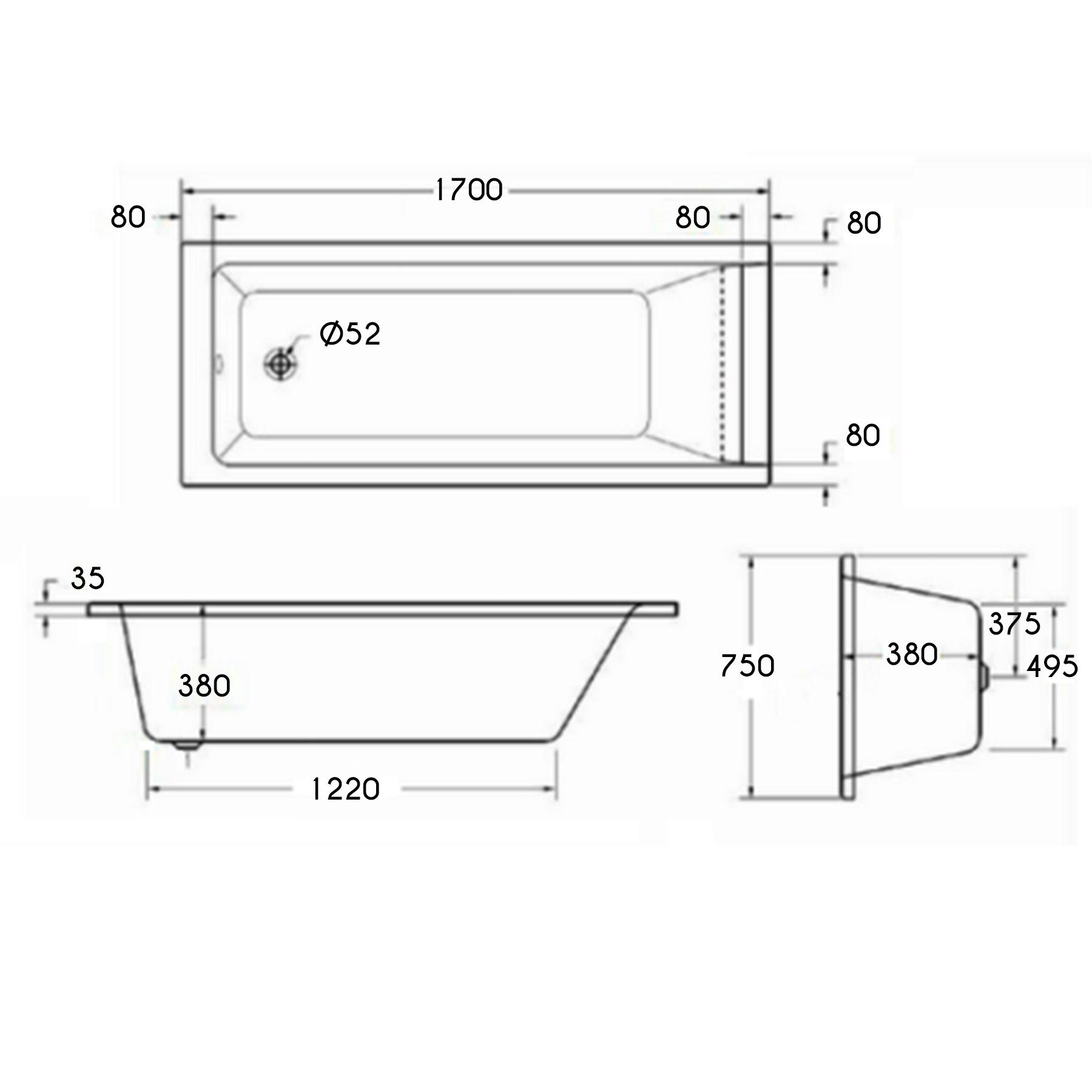 Cesar Acrylic Square Single Ended Bath in Various Sizes + Optional MDF ...