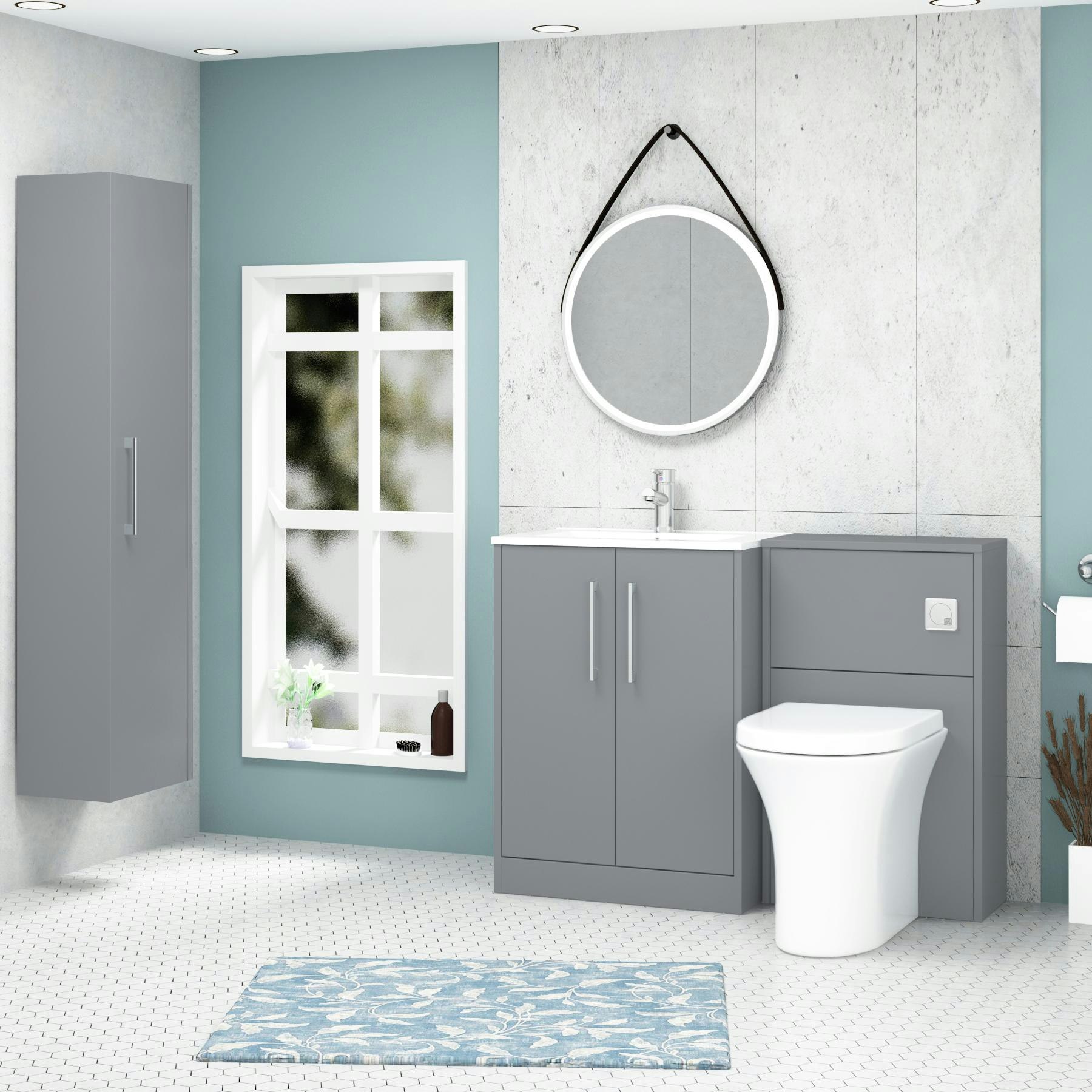 Milan 1300mm Coastal Grey 2 Door Floor Standing Vanity Unit Mid-Edge Basin & Breeze BTW Toilet ...