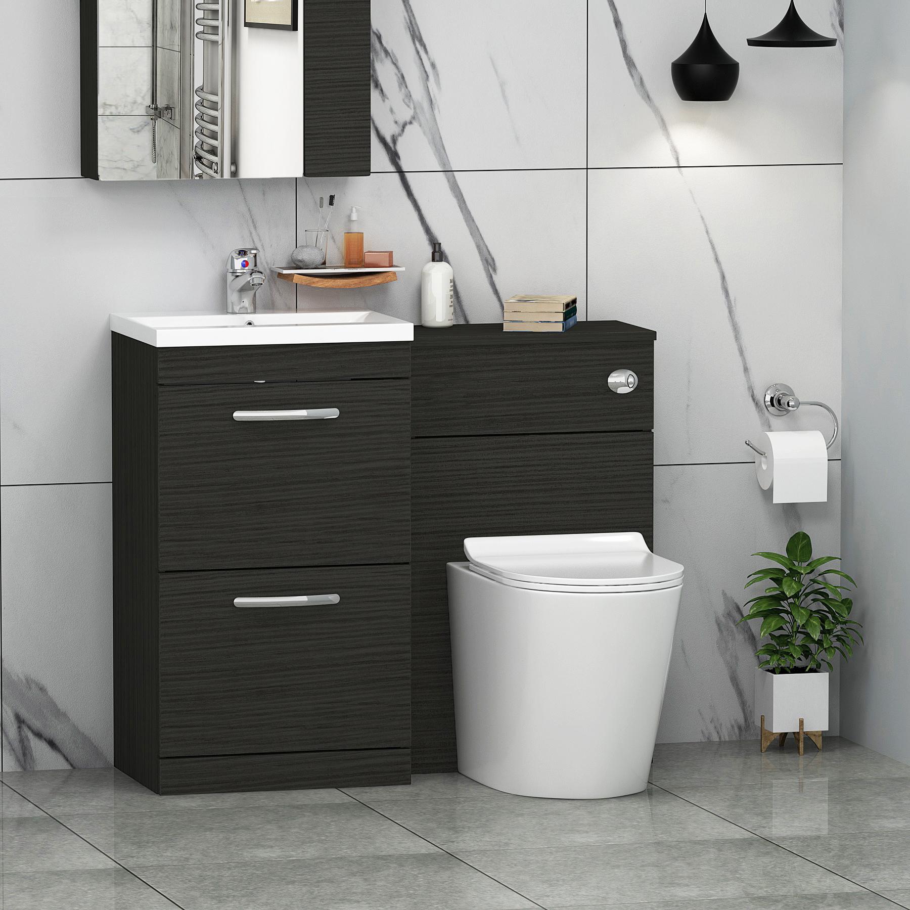 Modern Turin 1000mm Charcoal Oak 2-Drawers Mid-Edge Basin with Cesar Back to Wall Toilet Pack ...