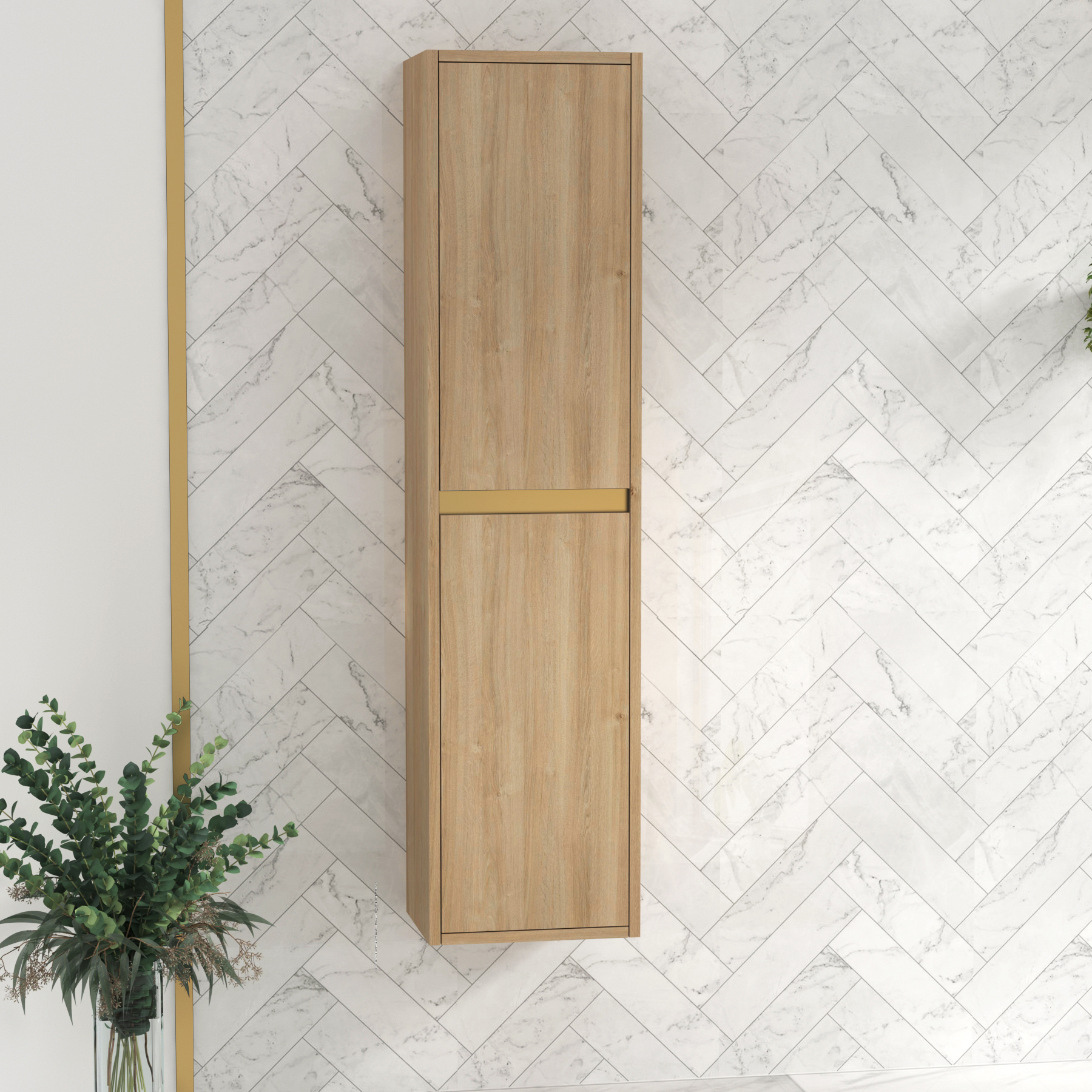 Orion 1440mm Natural Oak 2-Door Wall Hung Tall Boy Cabinet Unit with ...