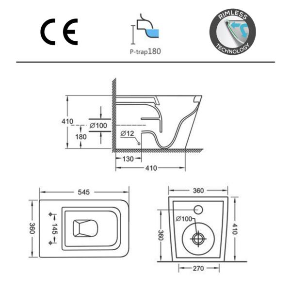 Grey Gloss 500mm WC Toilet Unit with Elena Rimless BTW Pan & Seat ...