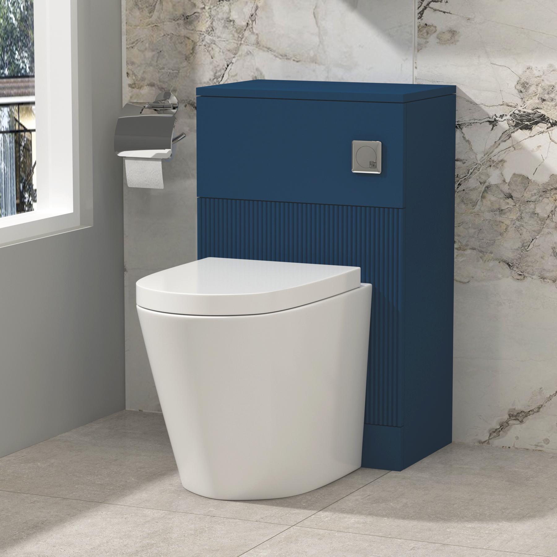 Evora 550mm Satin Blue Fluted BTW WC Unit with Cesar Rimless Toilet Pan ...