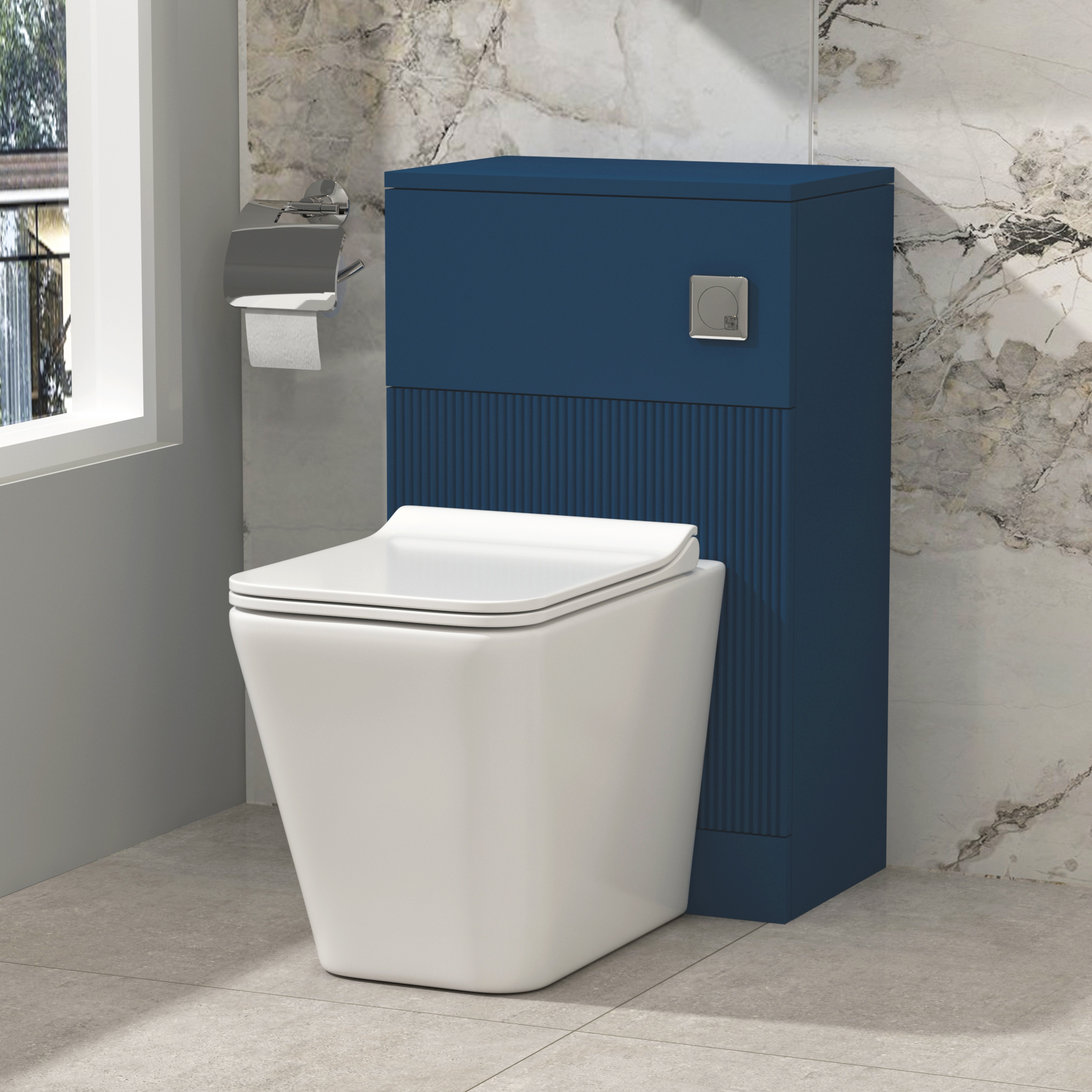 Evora 500mm Midnight Blue Fluted BTW WC Unit with Elena Rimless Toilet ...