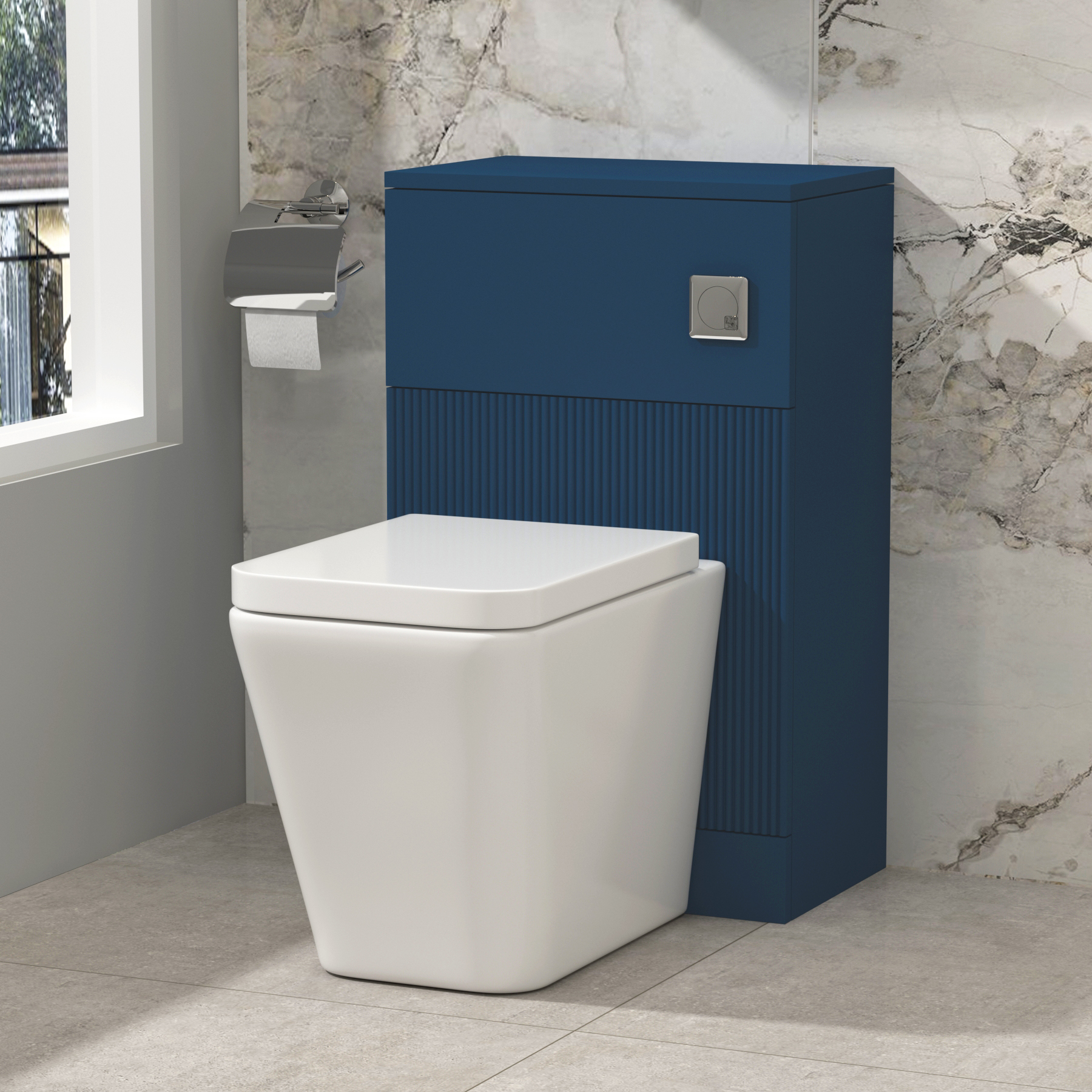 Evora 500mm Midnight Blue Fluted BTW WC Unit with Elena Rimless Toilet ...