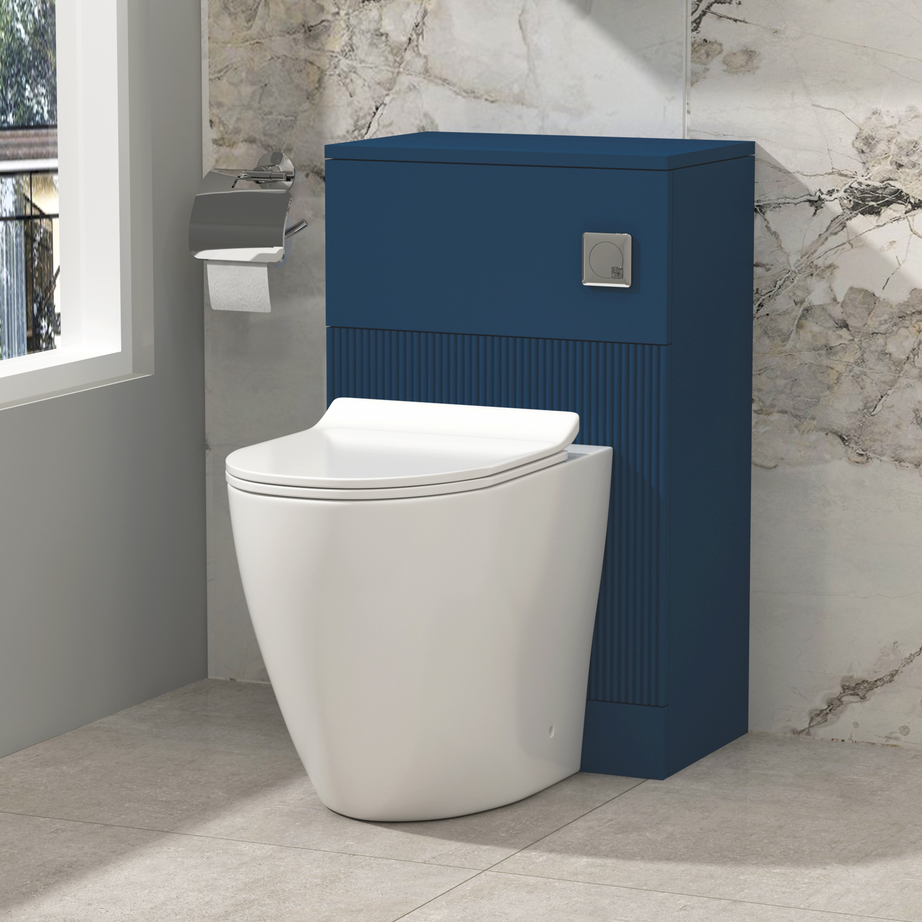 Evora 500mm Midnight Blue Fluted BTW WC Unit with Elva Rimless Short ...