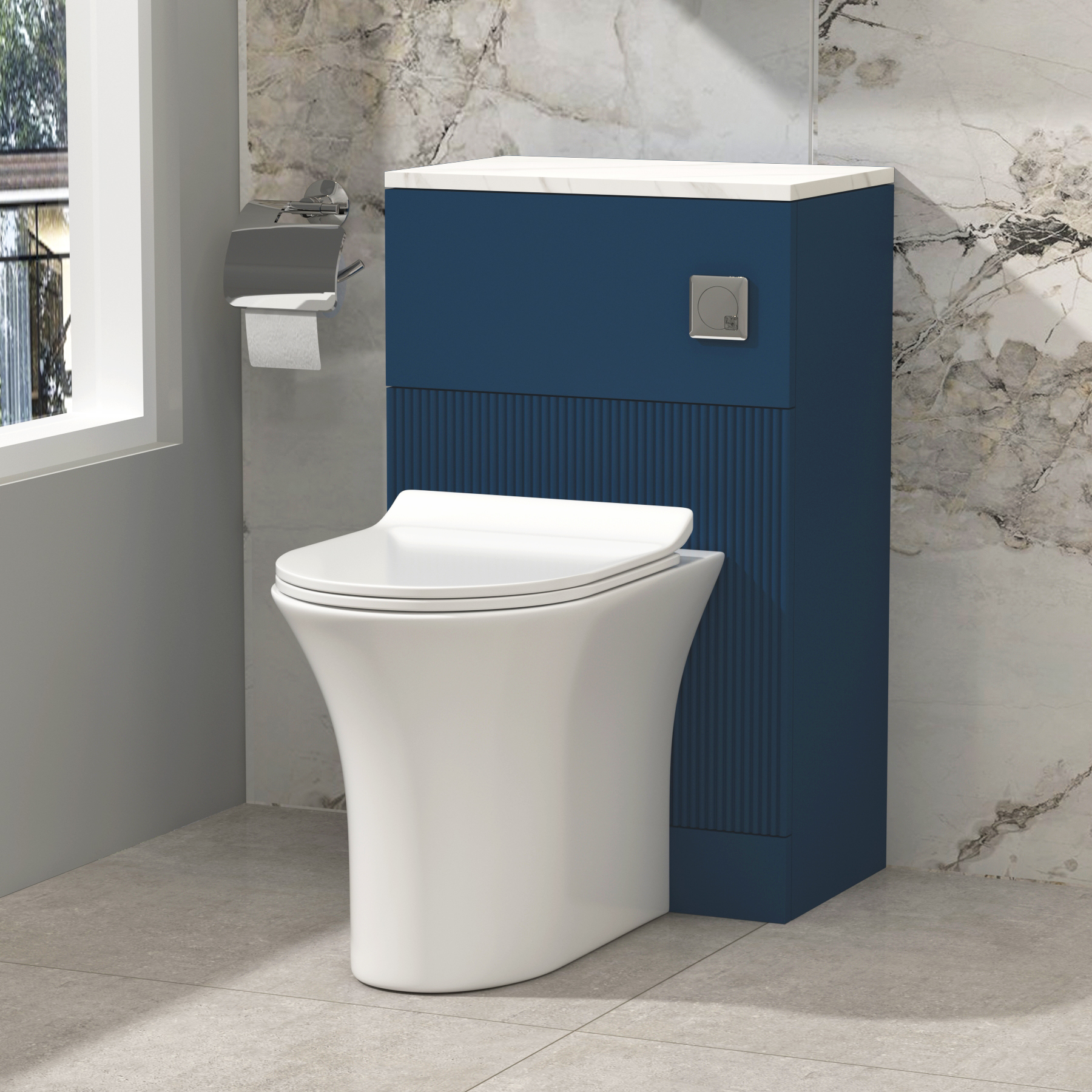 Evora 500mm Blue Fluted BTW WC Unit with Breeze Rimless Toilet Pack ...