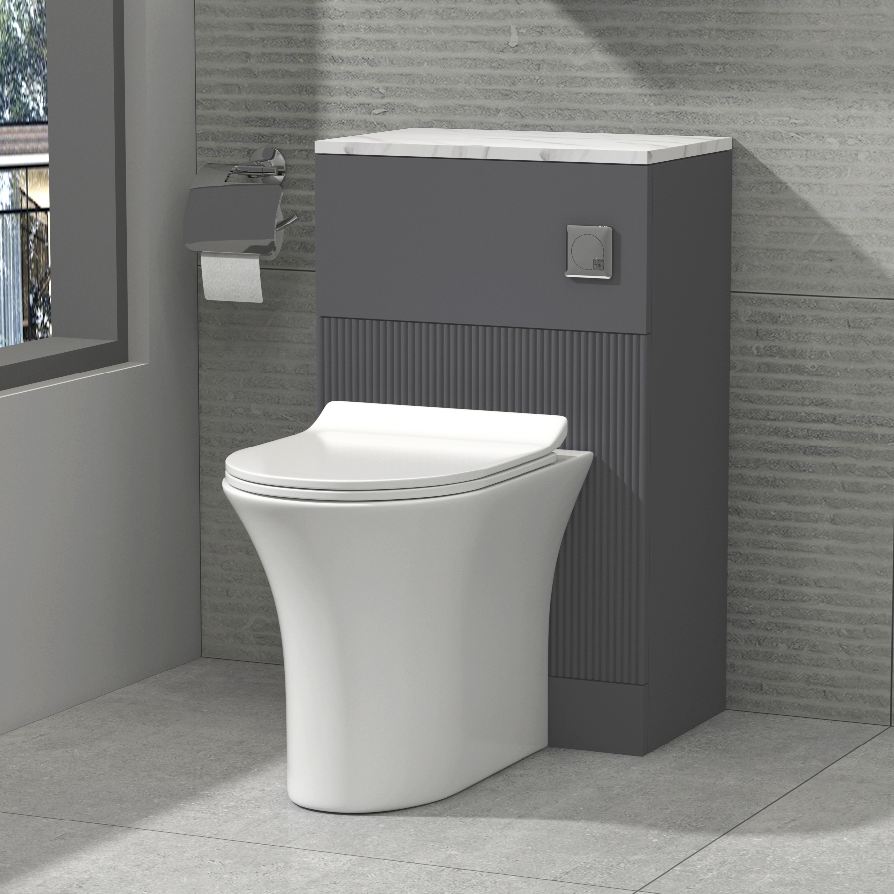 Evora 500mm Grey Fluted BTW WC Unit with Breeze Rimless Toilet Pack ...