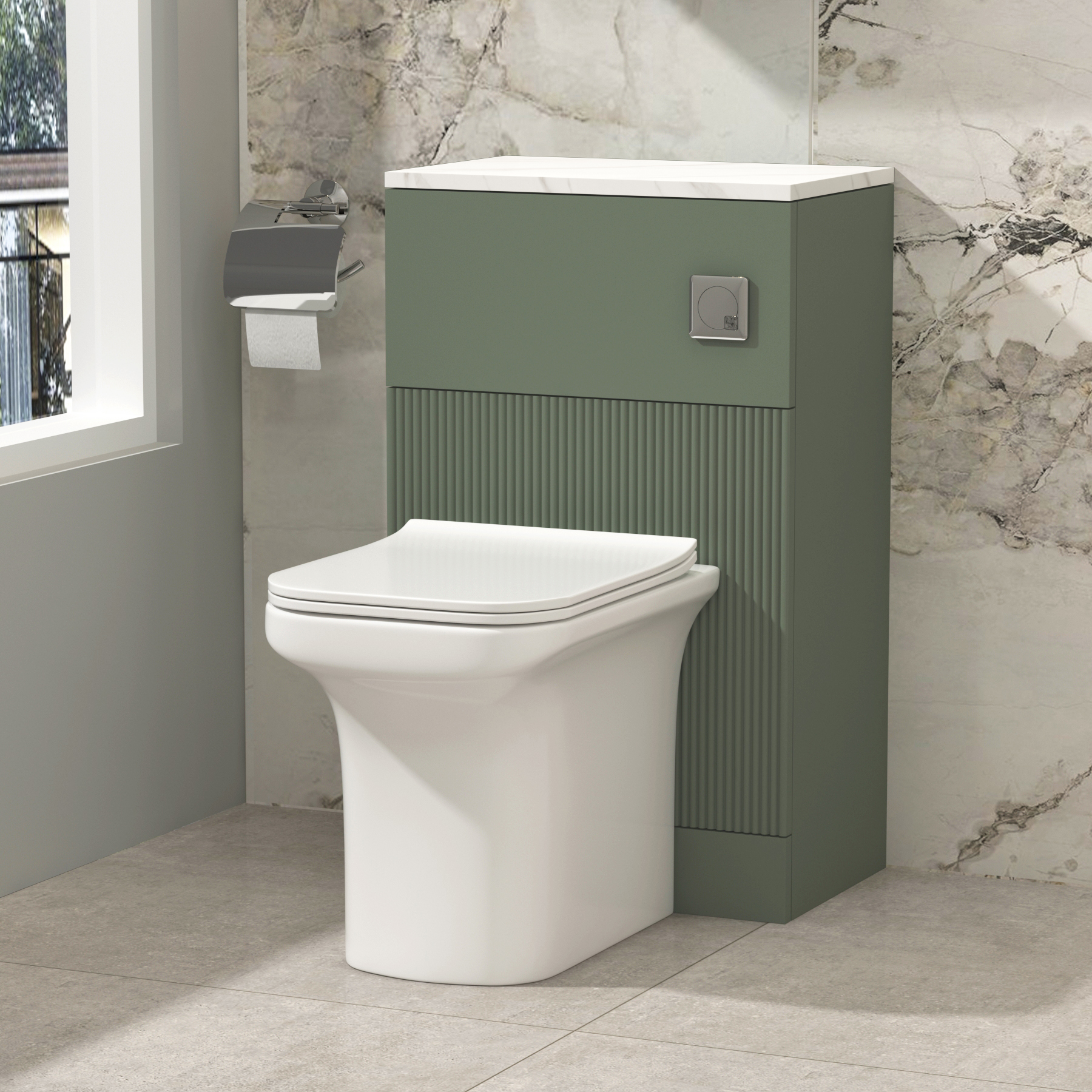 Evora 500mm Fluted Satin Green BTW WC Unit With Rimless Toilet Seat and Various Pans