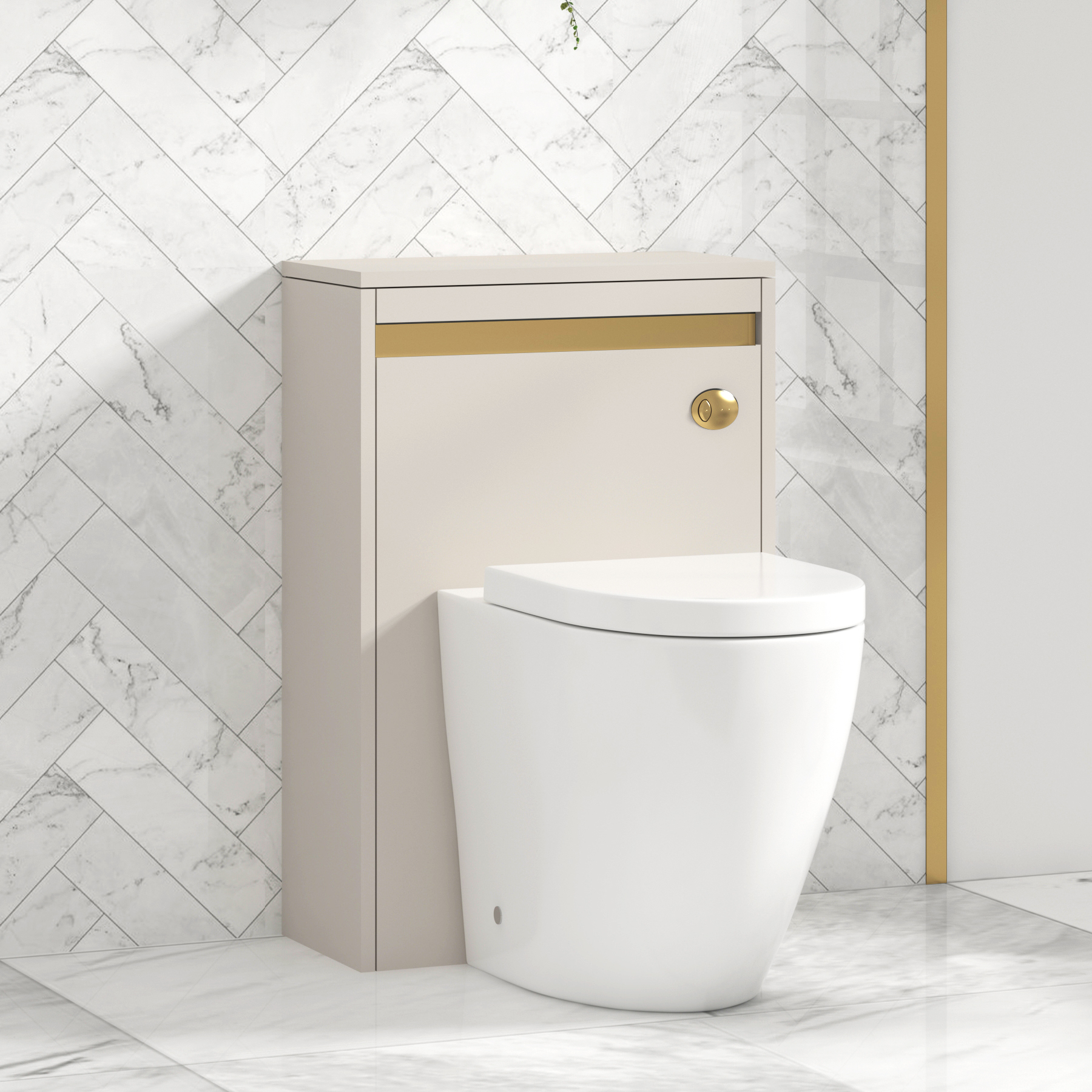 Orion 500mm Beige BTW WC Unit with Elva Rimless Short Projection Toilet Pan Seat Cistern Brushed Brass Strip