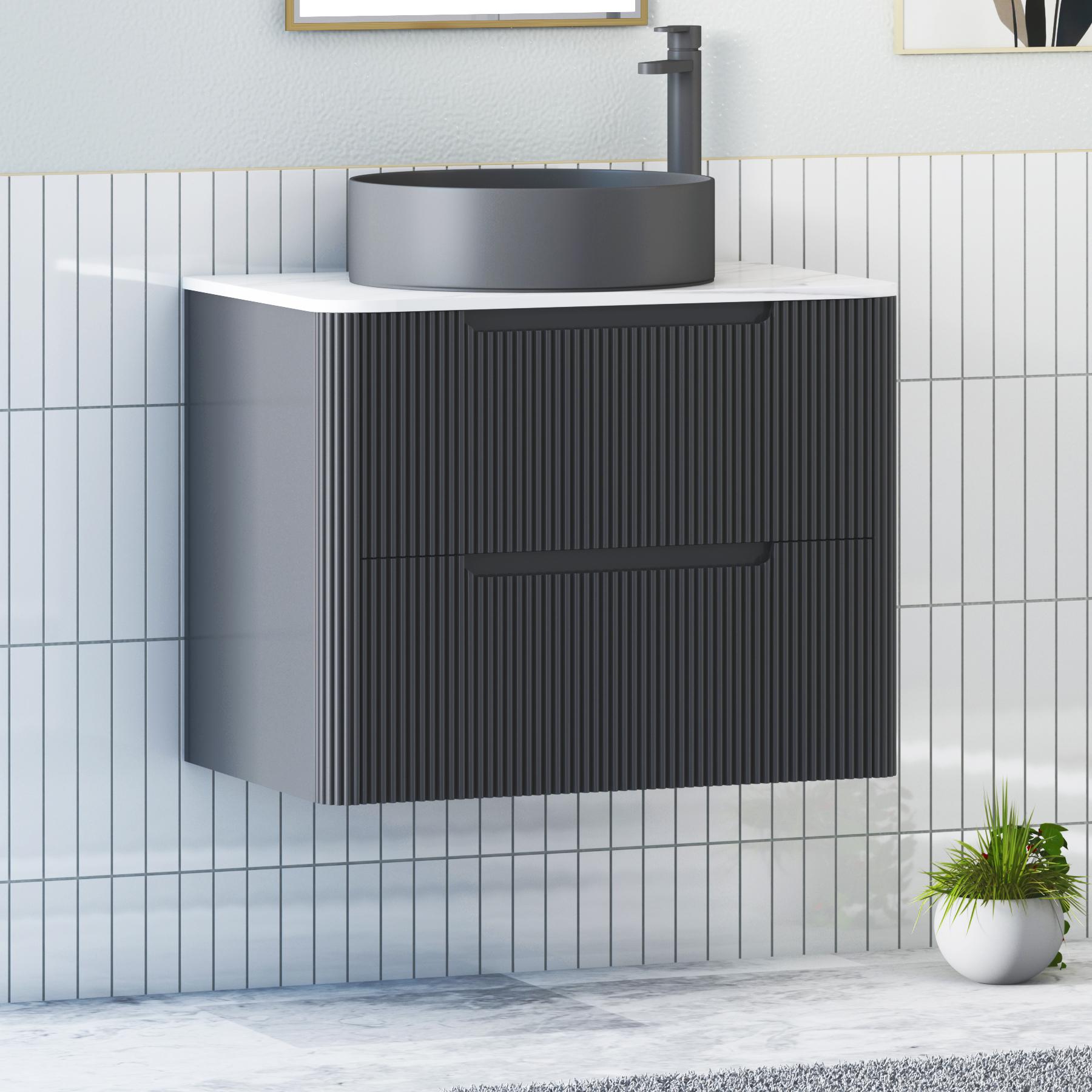 Avenza 700mm Matt Obsidian Black Wall Hung Vanity Unit 2 Drawer with ...